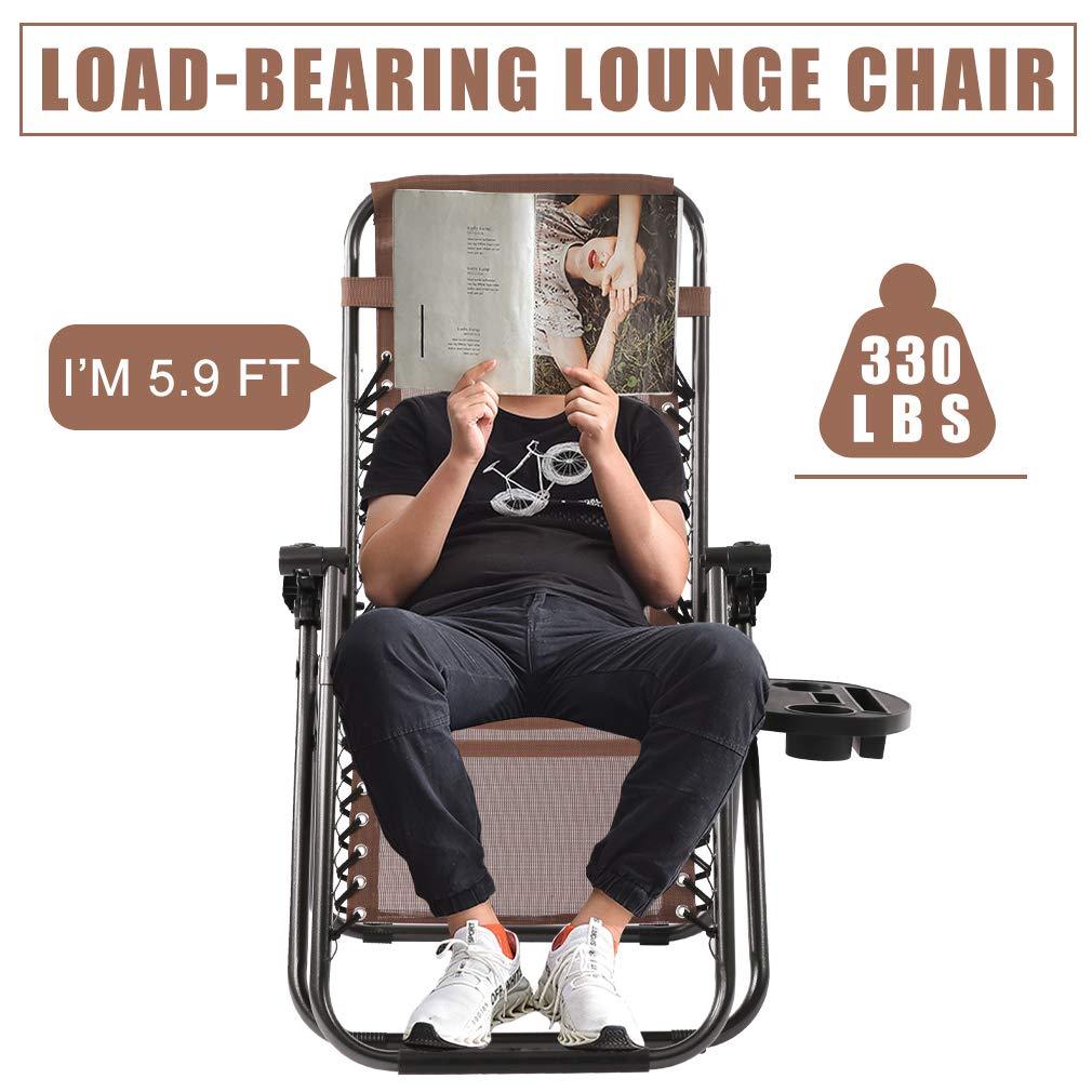 Vnewone Zero Gravity Chair Set of 2 Patio Folding Anti Reclining Lounge Deck Foldable Yard with Pillow and Cup Holder, Brown