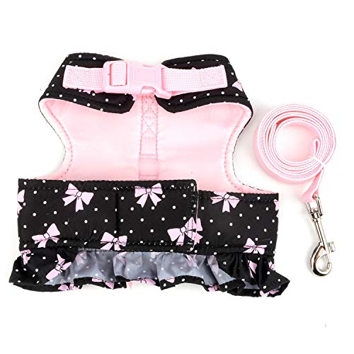 Zunea No Pull Small Dog Girl Harness Dress Escape Proof Cat Kitten Vest Harness Leash Set Step-in Soft Cotton Padded Polka Dot Jacket Chihuahua Puppy Clothes with Cute Bow for Walking Black M