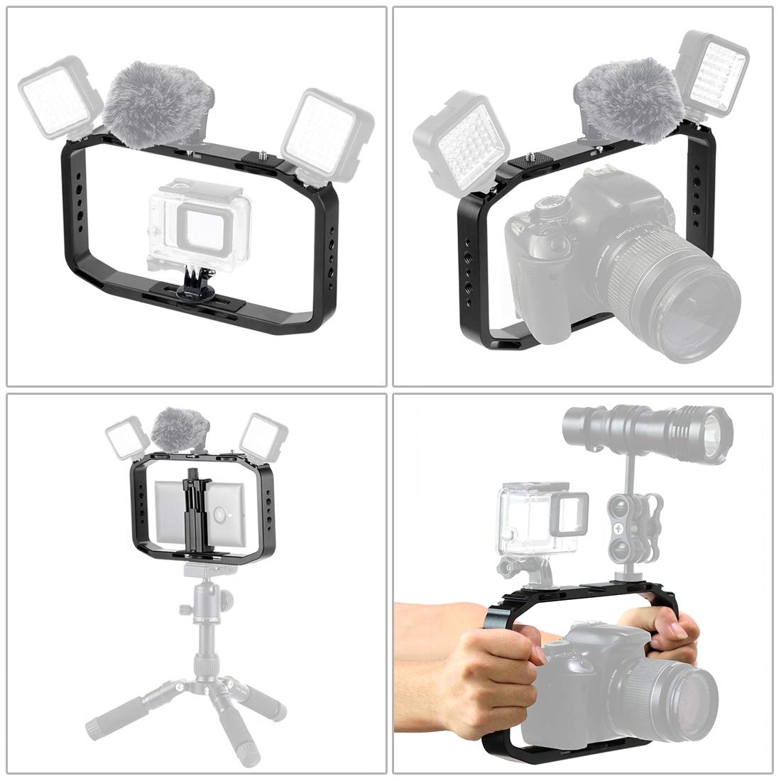 Handheld Video Rig Filmmaking Vlogging Cage Holder for iPhone,Cell Phone,DJI Osmo Action, GoPro New Hero /HERO7 /6/5 /5 Session, Micro SLR and Other Action Cameras