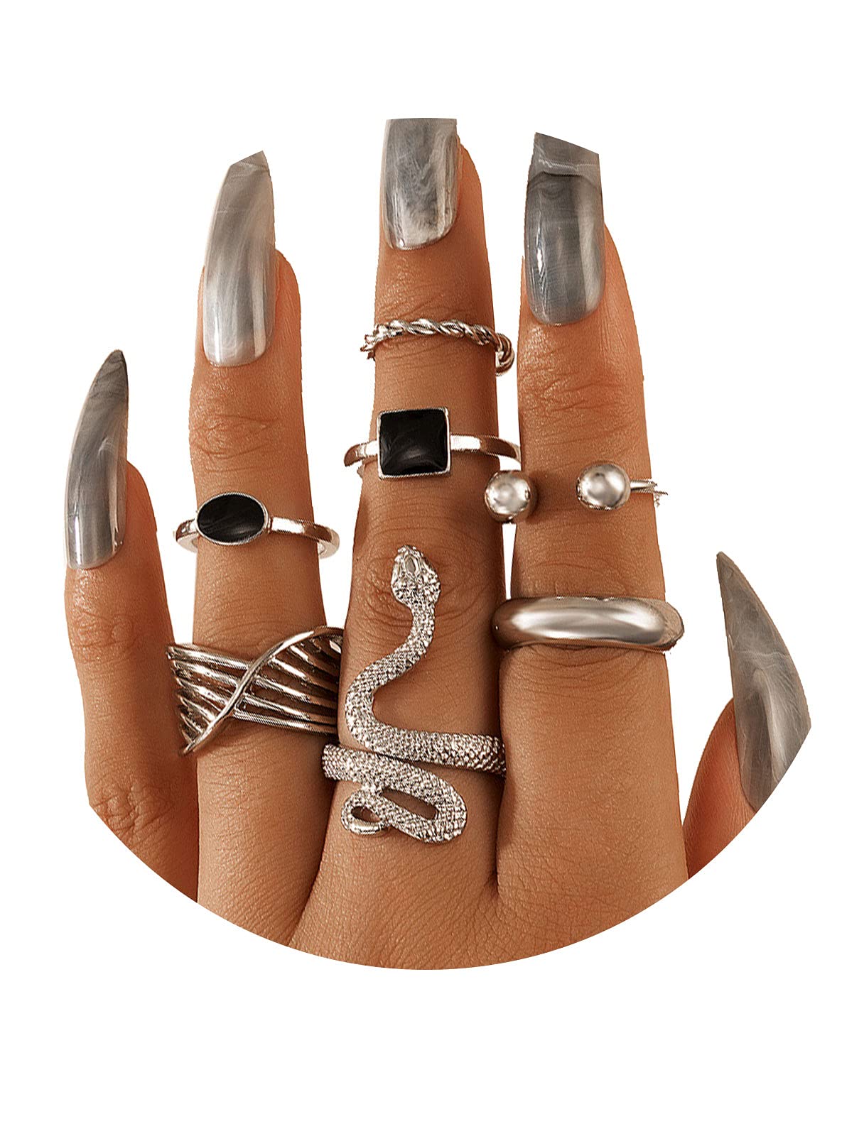 HUASAI Knuckle Snake Rings Set Halloween Crystal Snake Rings for Women Girls Snake Stacking Ring Boho Stacking Rings for Teen Girs (Black Crystal Rings)