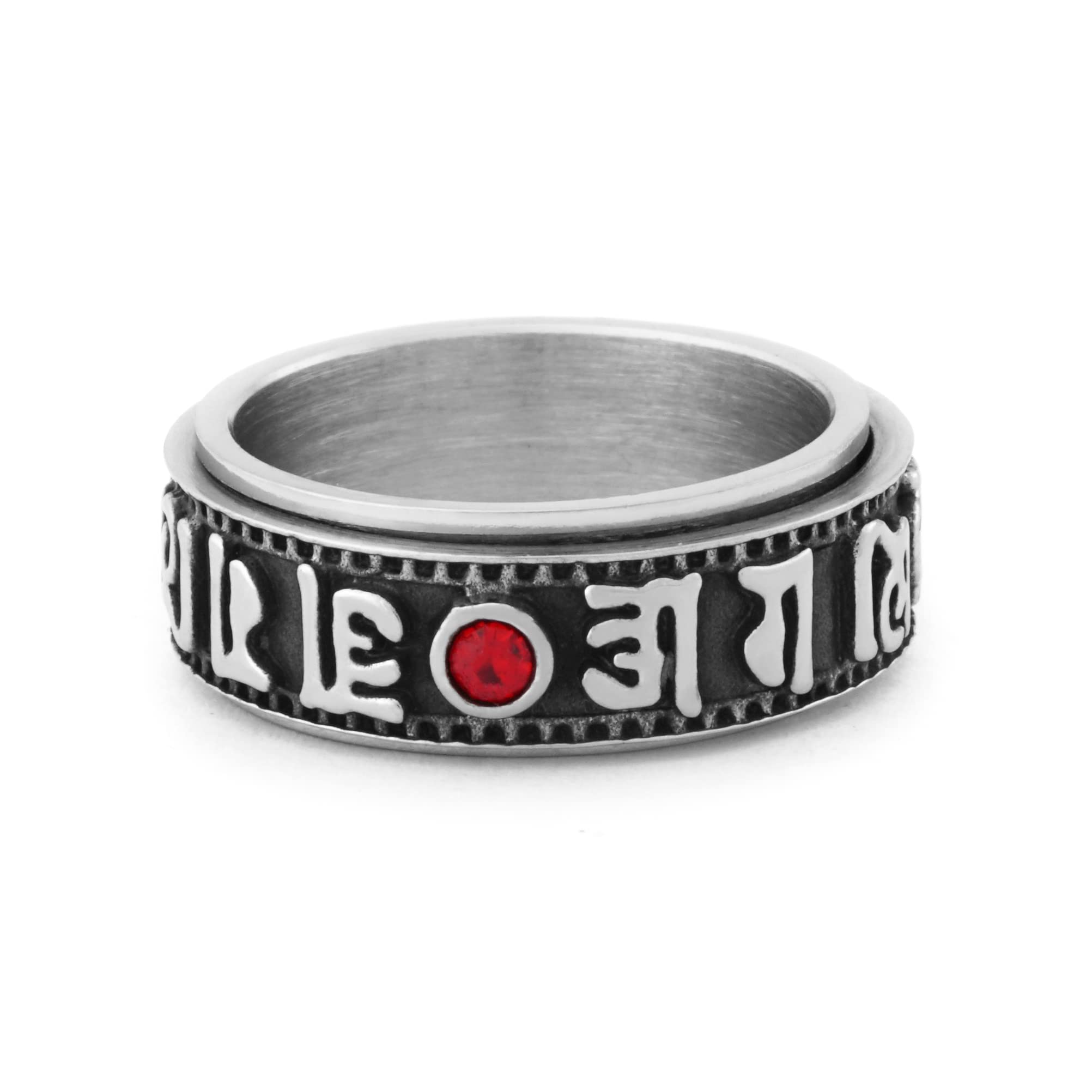 Gungneer Om Six Mantra Words Ring Stainless Steel Pink Rhinestone Amulet Against Evil Unlucky Unique Personality Jewelry