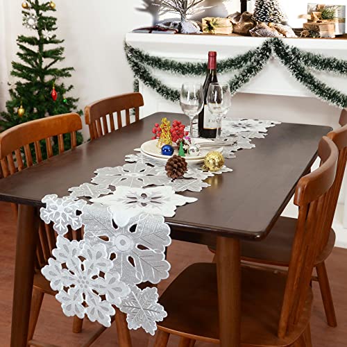 Grelucgo Machine Embroidered and Hand Cut Silver Grey and White Snowflakes Table Runner for Christmas Holiday (13.5 x 34 inches)