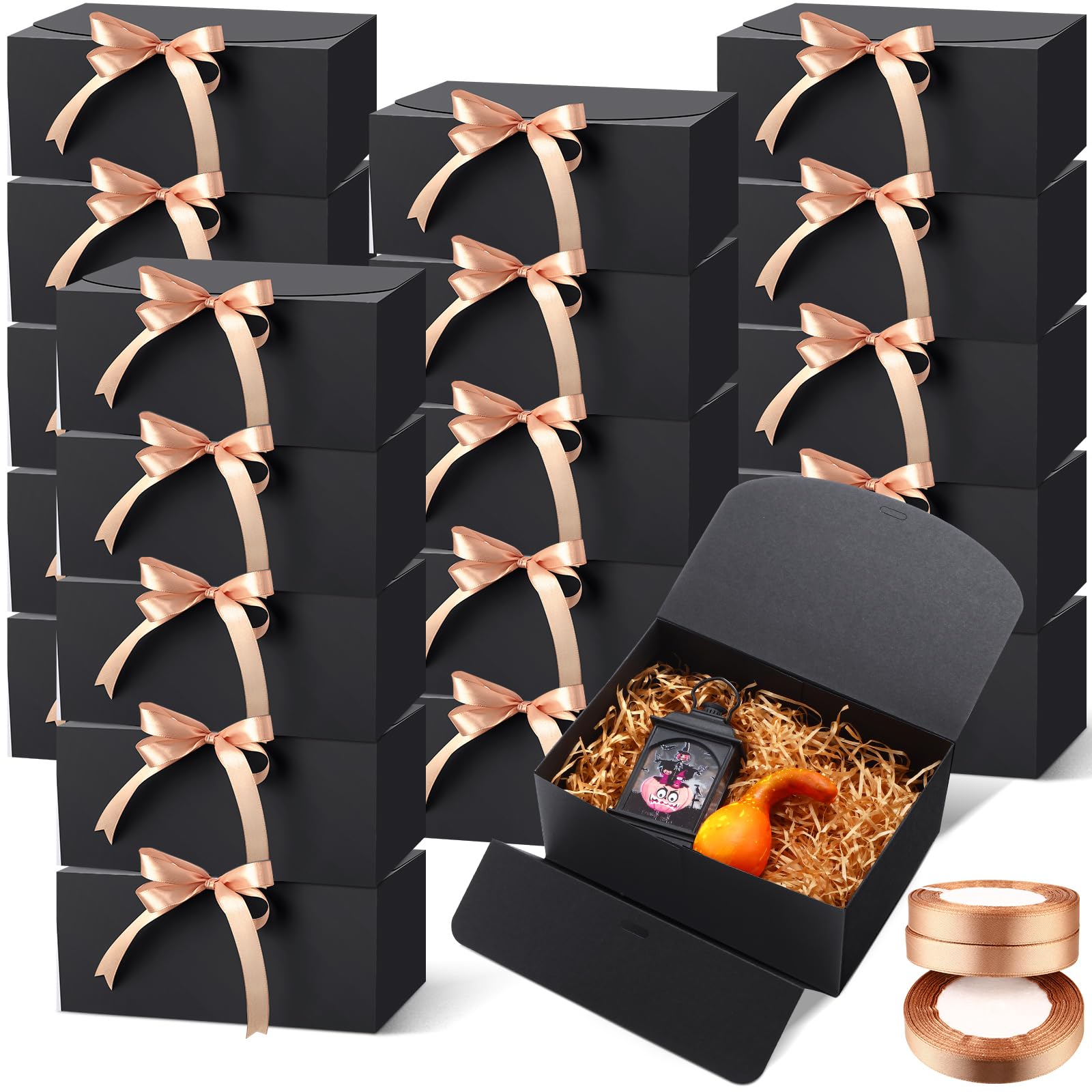 Fulmoon 36 Pack Black Gift Boxes with Lids, 9 x 6 x 4 Inch Bridesmaid Proposal Box with Gold Ribbon, Gift Wrap Boxes, Kraft Paper Gift Boxes for Packaging Wedding Halloween Christmas Birthday Party