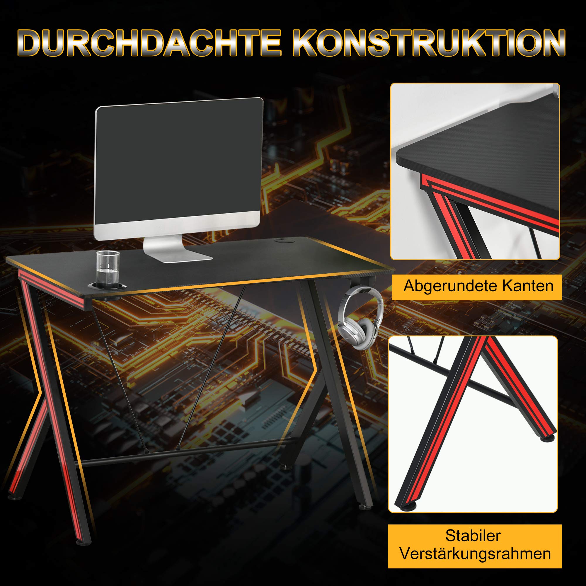 HOMCOM 47 inch Gaming Computer Desk, Home Office Gamer Table Workstation with Cup Holder, Headphone Hook, Cable Management, Carbon Fiber Surface