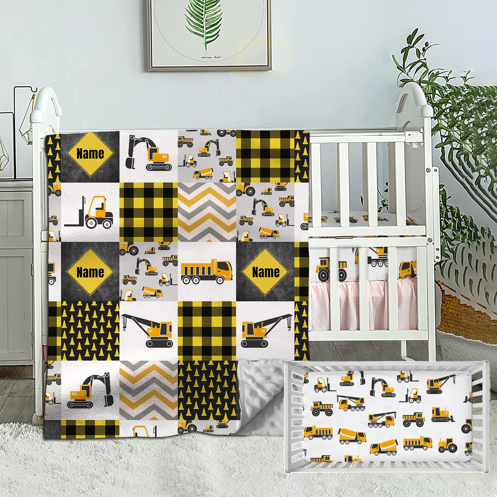 Munific Personalized Crib Bedding Set for Baby Boys, Custom Baby Boy Crib Bedding Set with Name, 2 Piece Construction Truck Baby Nursery Bedding, Crib Comforter, Crib Fitted Sheet for Babies