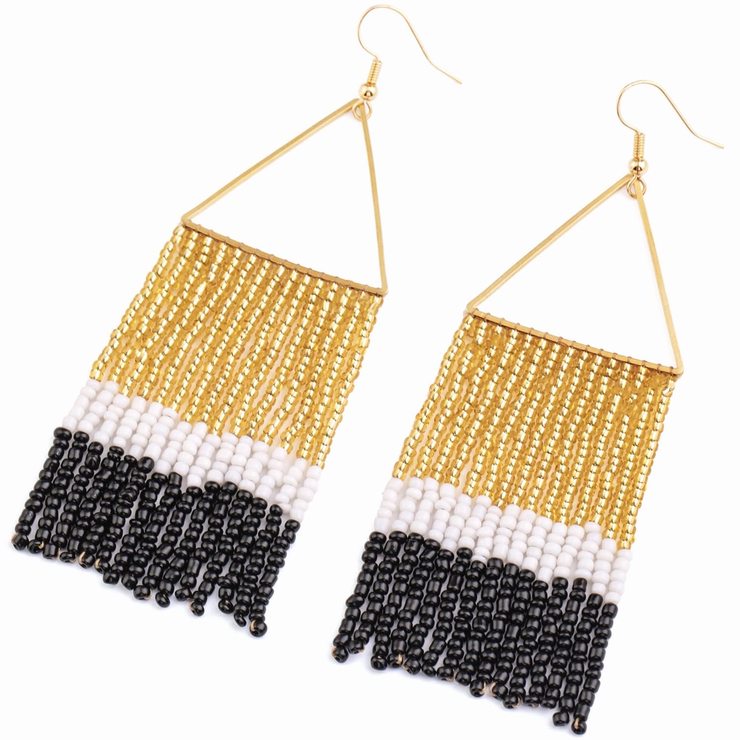 Handmade Beaded Tassel Earrings - Statement Seed Bead Earrings, Boho Beaded Fringe Drop Earrings for Women (TRIANGLE GOLD BLACK)