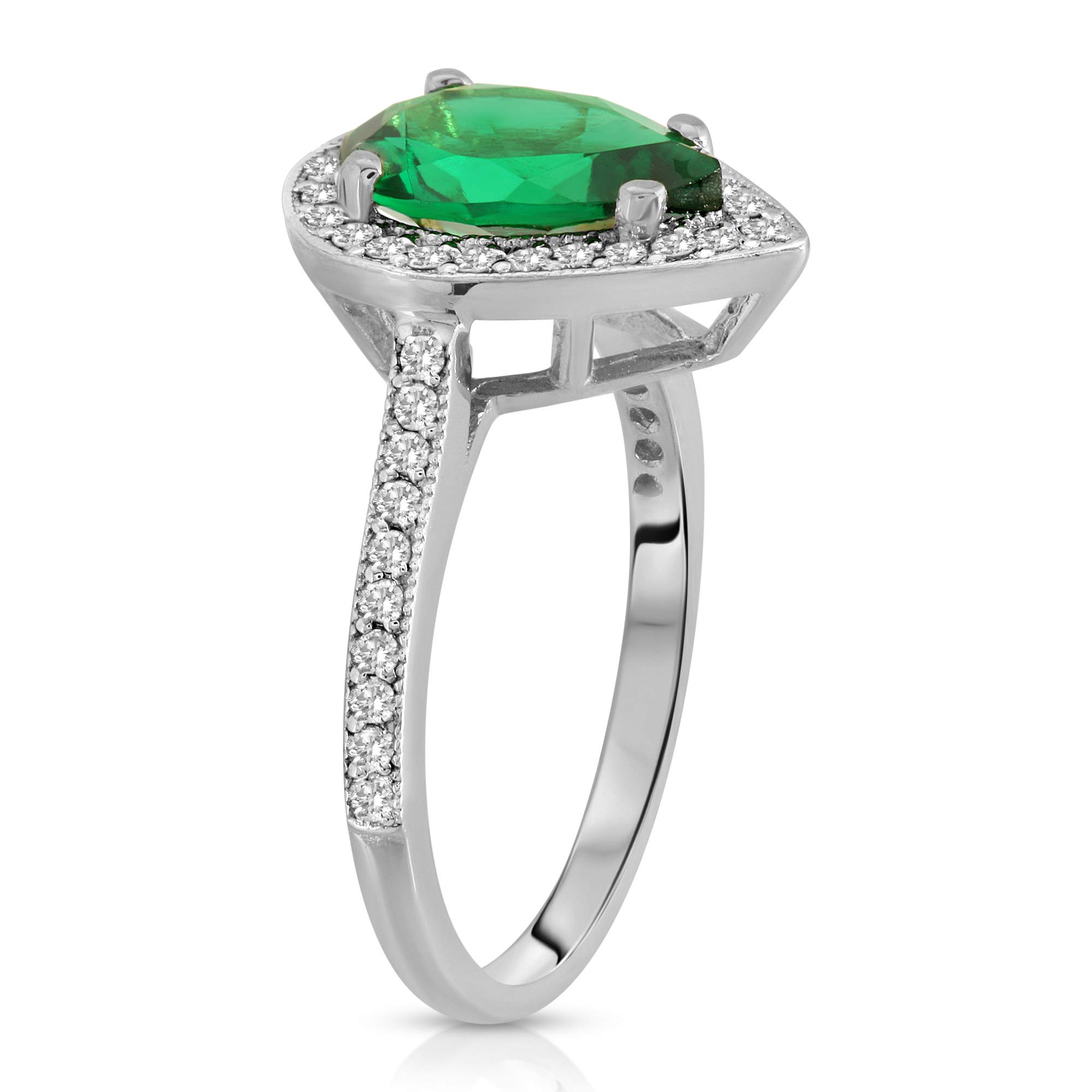 Galaxy Gold GG Stunning 1.69 Carat Total Weight 14K Solid White Gold Emerald and Natural Diamond Halo Ring Brilliant Pear Cut Tear Drop Shape Round Diamonds (6)