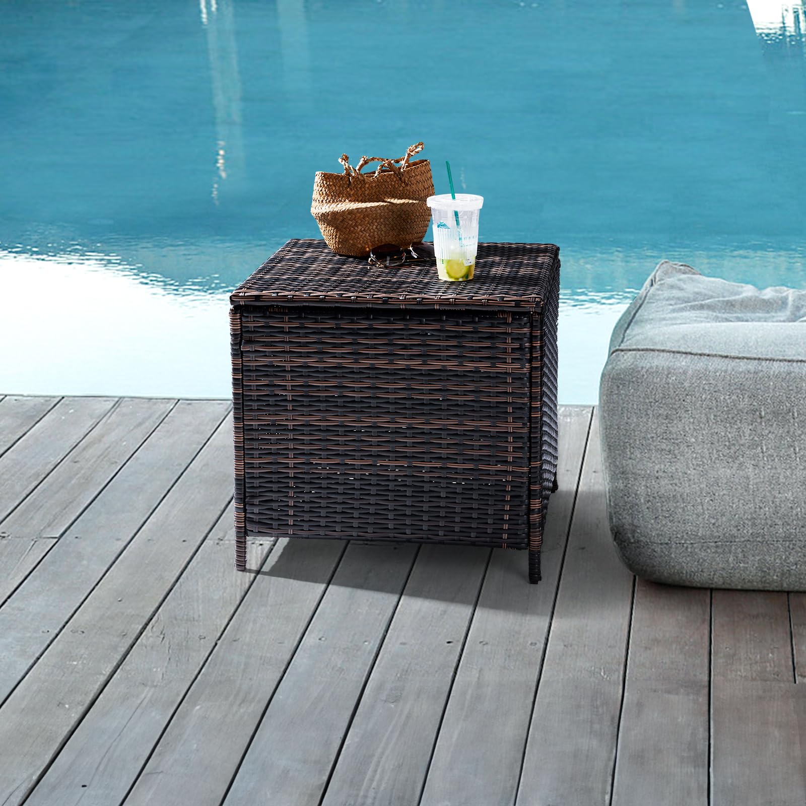 VINGLI Outdoor Side Table with Storage, 13-Gallon Storage Box Outdoor Wicker Side Table for Patio Storage Table (Trapezoidal), Middle, Brown