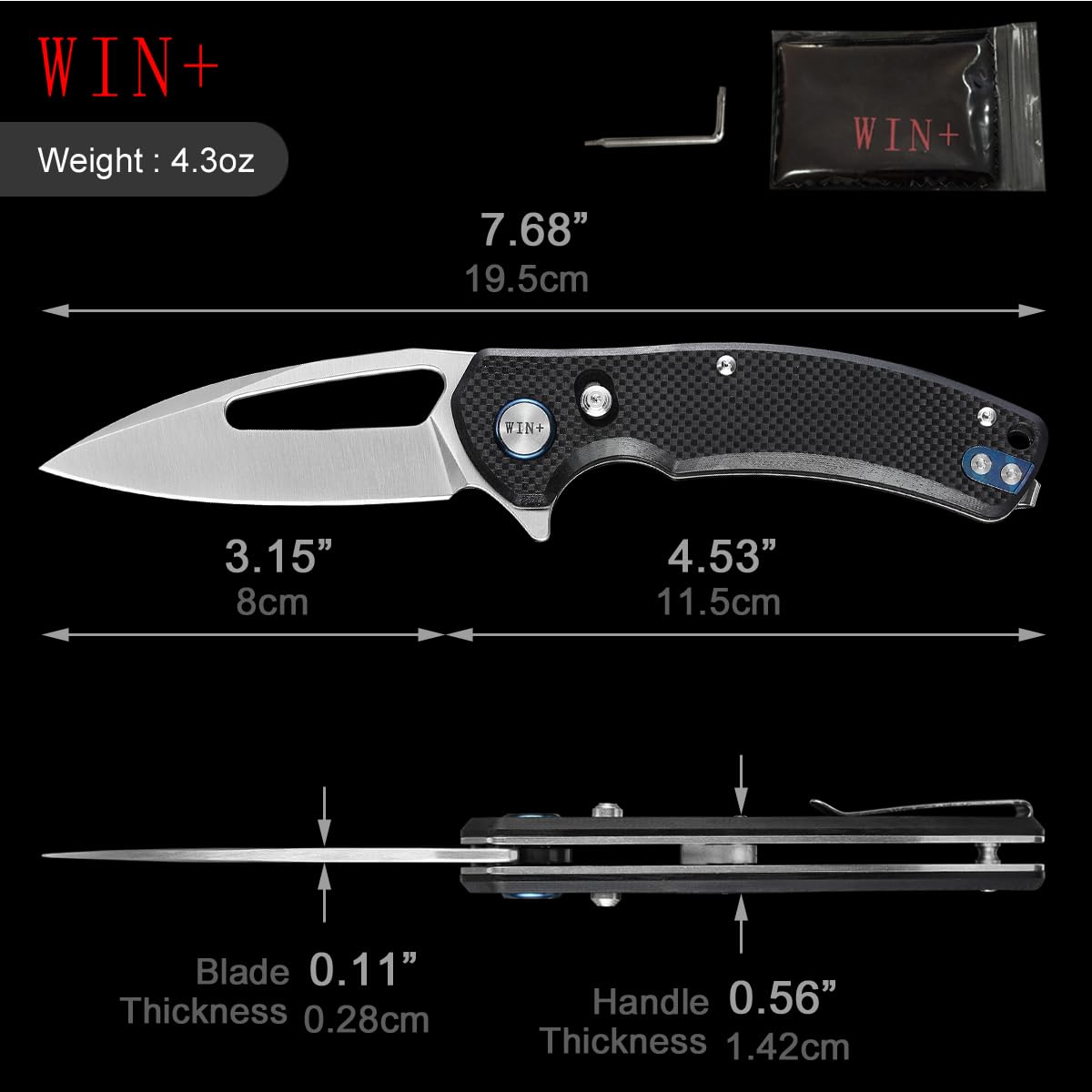 WIN+ Pocket Knife, Folding Knife with Button Lock and Axis Lock, Tactical Knife with Ball Bearing and Thumb Hole for Men and Women, Good for Camping and Outdoor 3444 (Black-G10)
