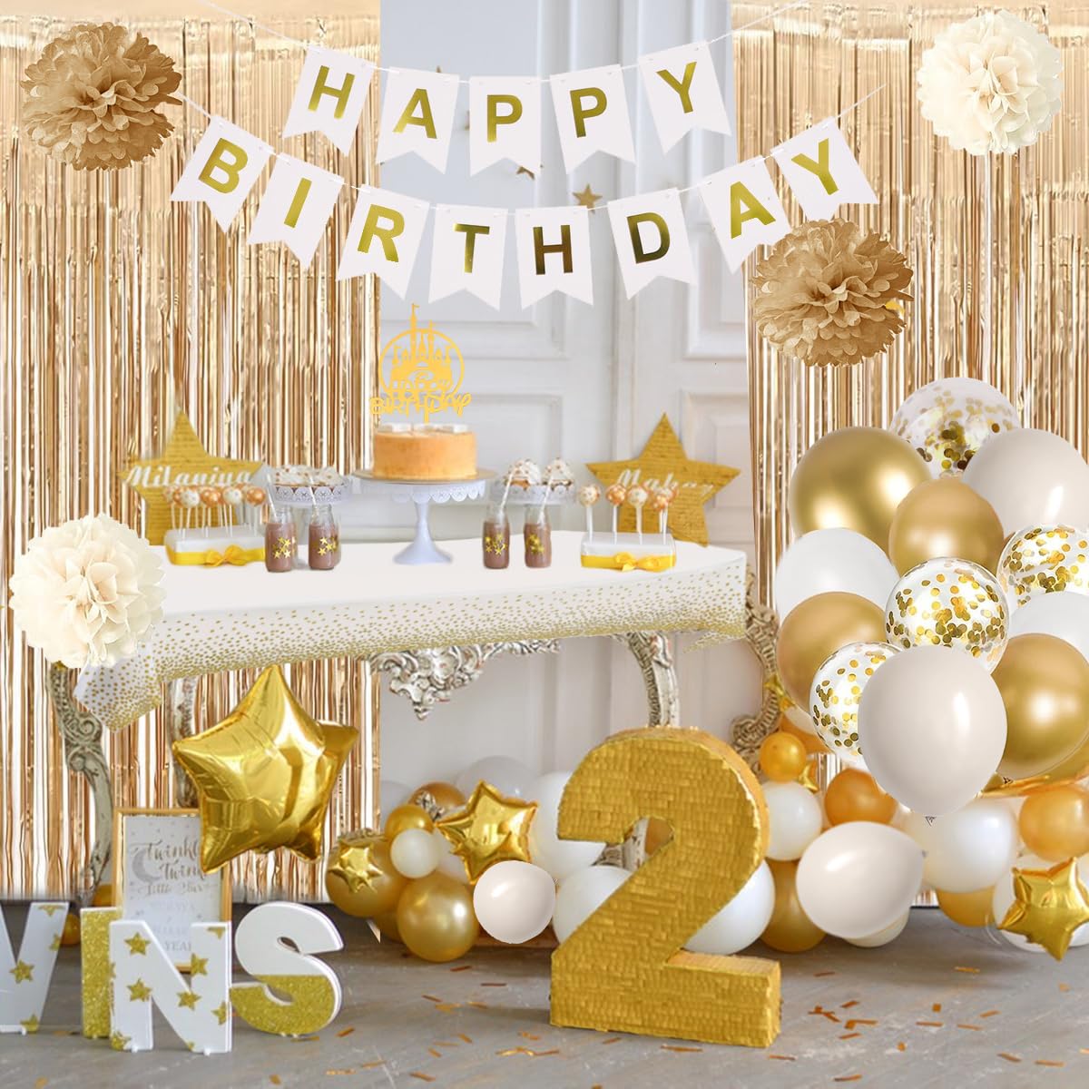 Gold Birthday Party Decorations for Women Men Beige Balloons Banner Tablecloth