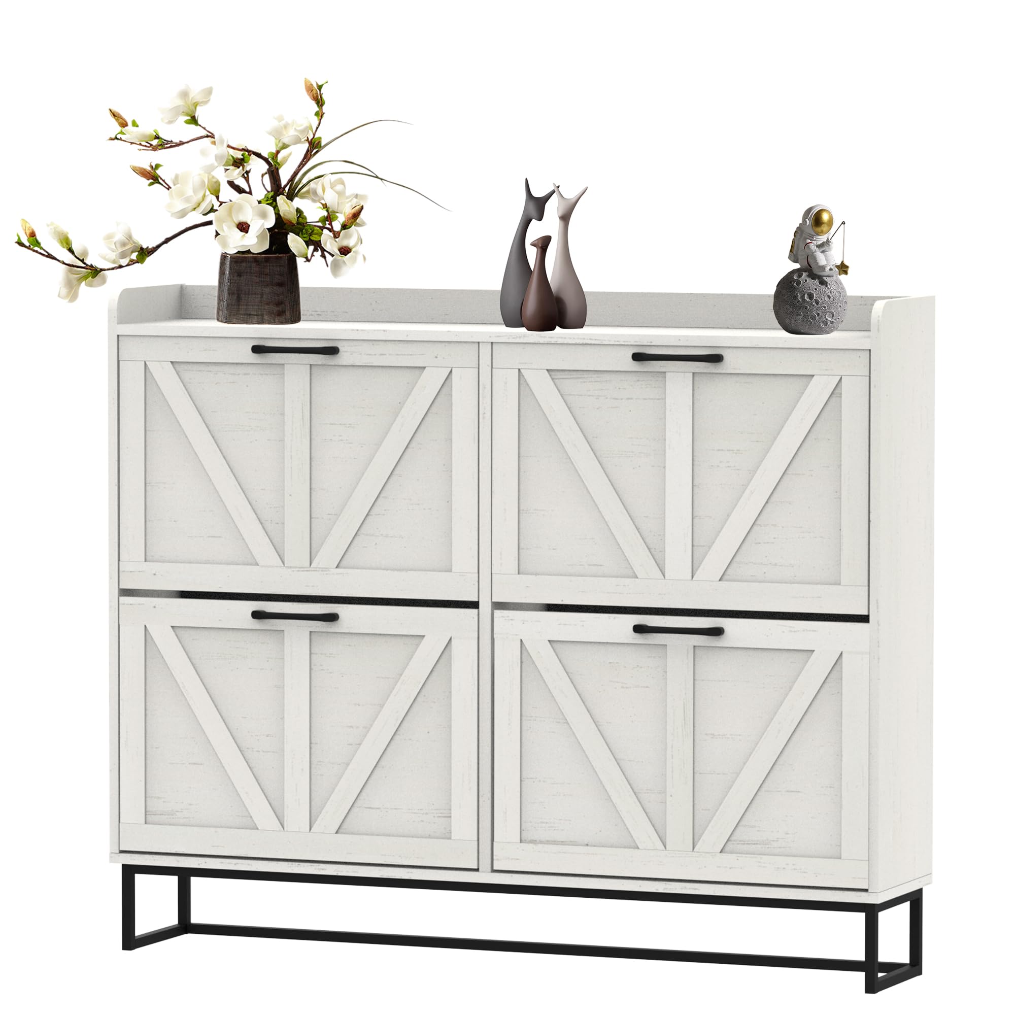 VINYUSE Shoe Cabinet with 4 Flip Drawers, Shoe Storage Cabinet for Entryway, Freestanding Hidden Shoe Cabinet Organizer with Open Storage, Narrow Shoe Rack with Legs, Oak White