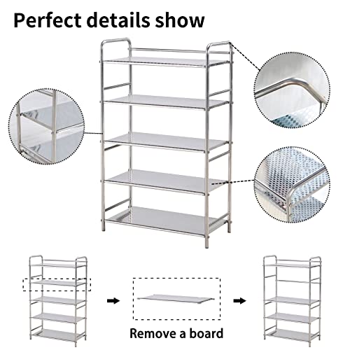 susunnus Stainless Steel Storage Shelf Free Standing Shelf Units Narrow Shoe Rack Slim 5 Tier Shoes Organizer for Entryway, Hallway, Closet, Kitchen, Bathroom (Sliver)