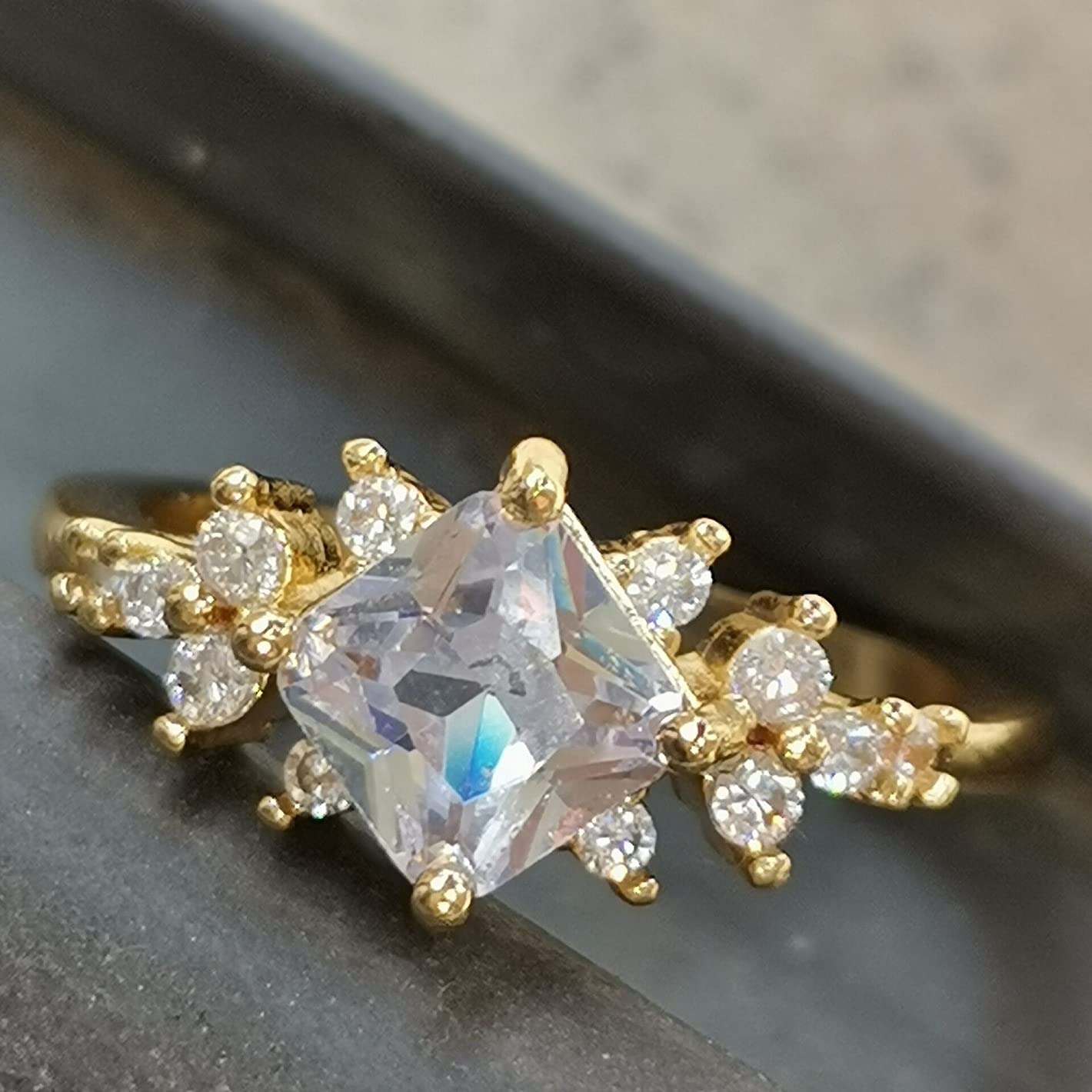 GUIDECUN Simple Yellow Gold Plated White Princess Cushion Cut CZ Tiny Ring Women's Engagement Jewelry Gifts for her (US Size 7)