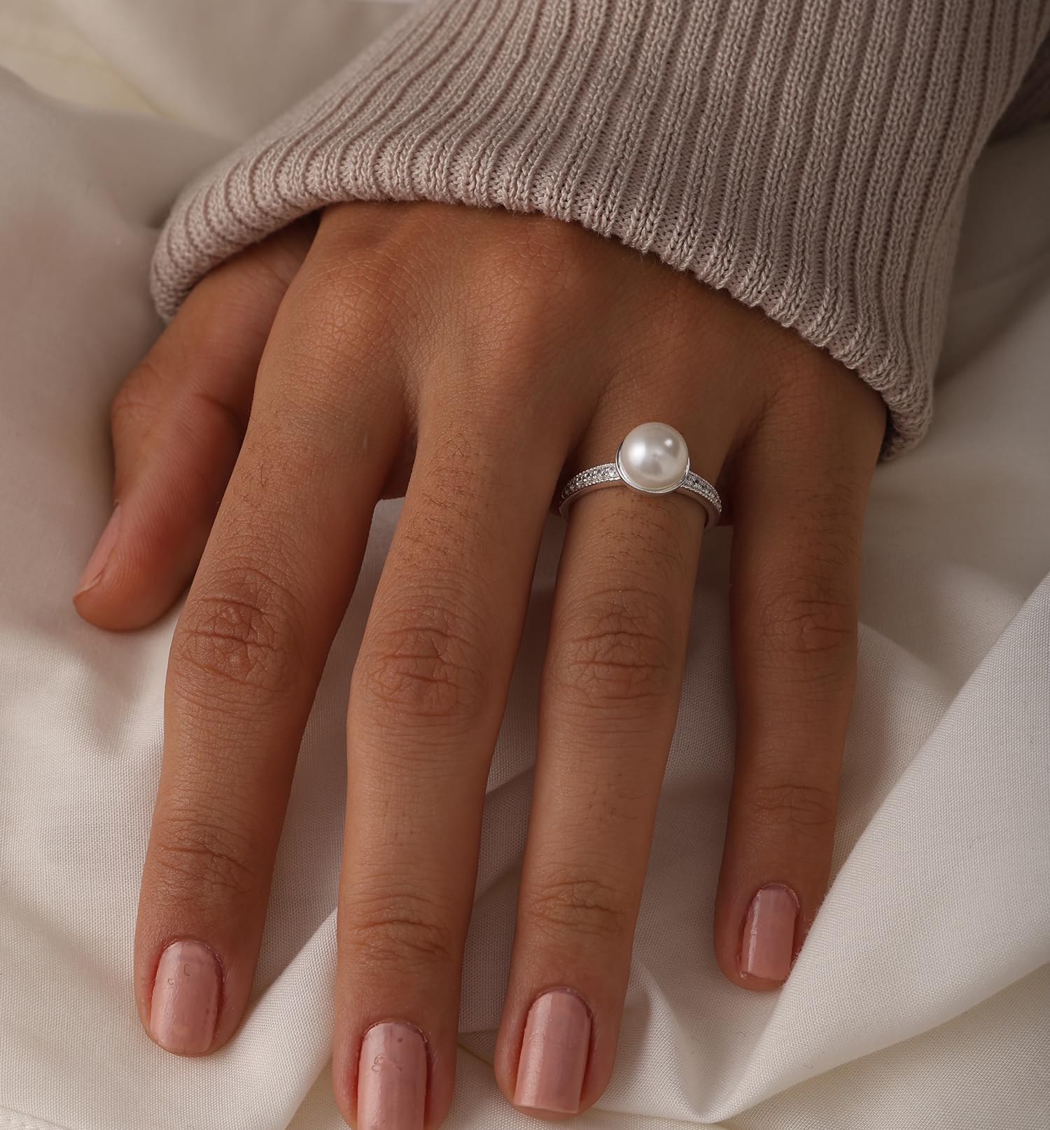LeCalla 925 Sterling Silver Rings for Women Hypoallergenic CZ Pearl Ring for Women Size - 5