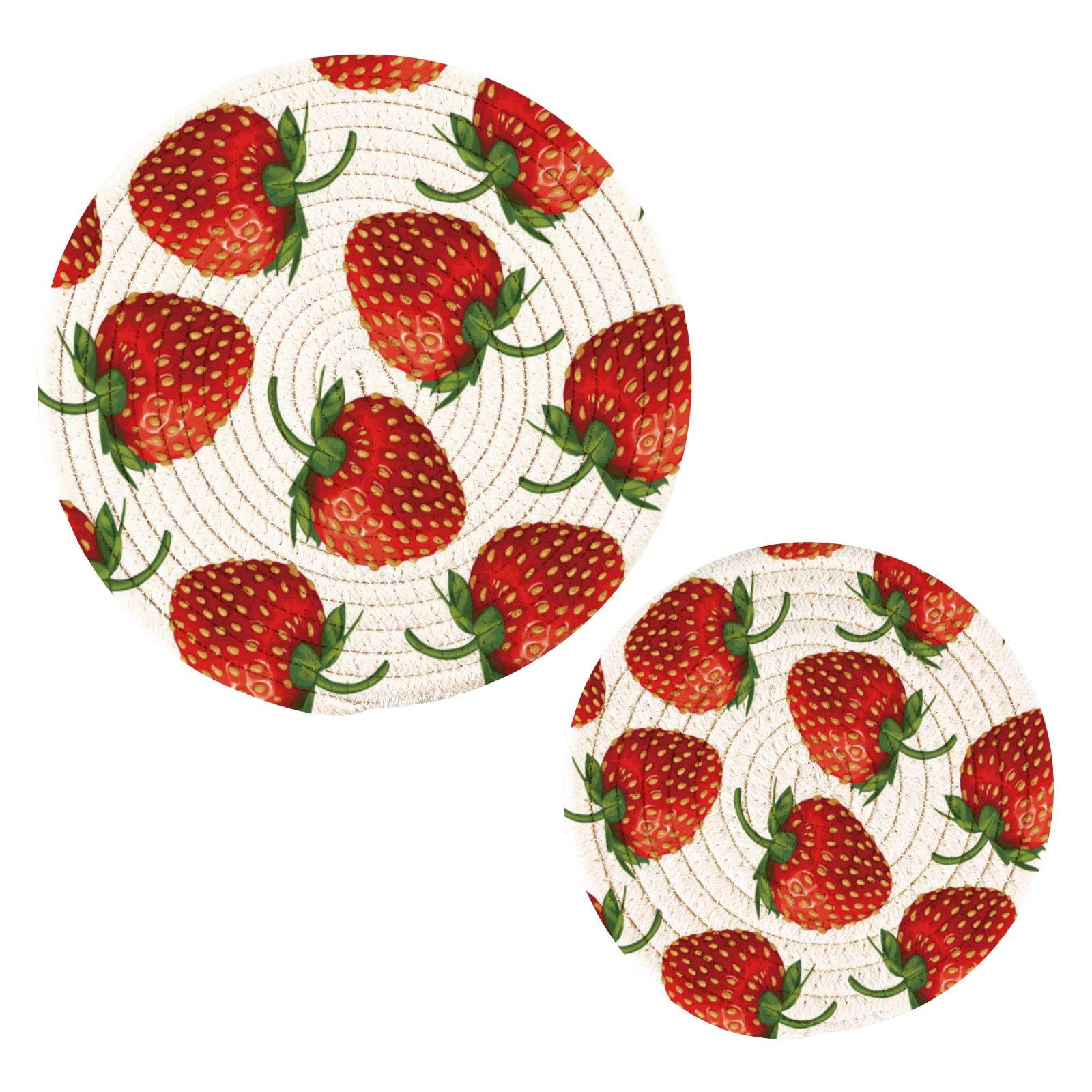 Kigai Vintage Multicolor Pattern in Turkish Style Round Cotton Trivets Pot Holders, Hot Pads Pure Cotton Stylish Coasters for Boho, Farmhouse, Kitchen Decor - 2pcs (Strawberry Fruit)