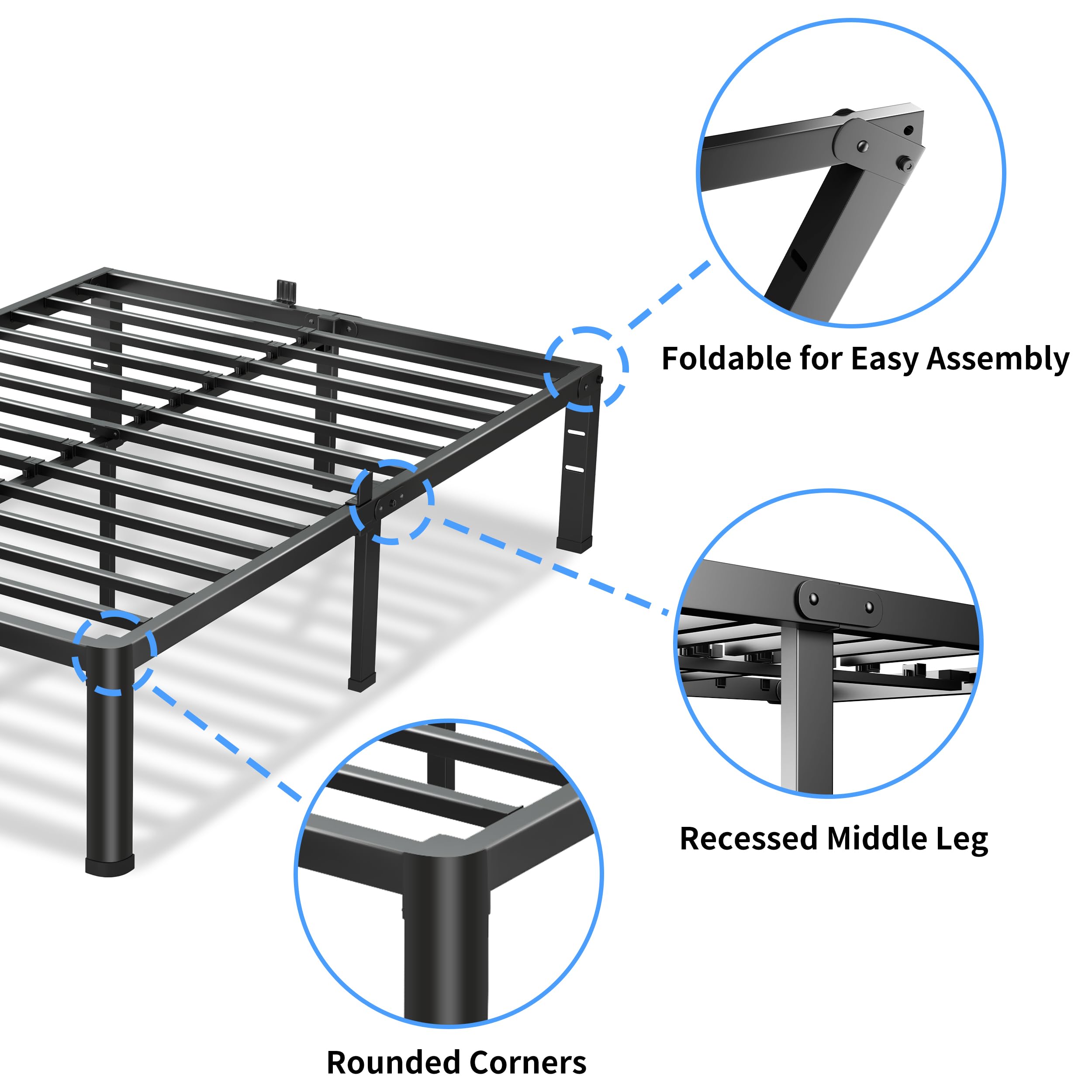 VIPSHOW 18 Inch Queen Bed Frame, 3500Lbs Heavy Duty Metal Platform with Round Corner Legs Mattress Slide Stopper, Steel Slat Support No Box Spring Needed, Noise Free, Non-Slip, Easy Assembly