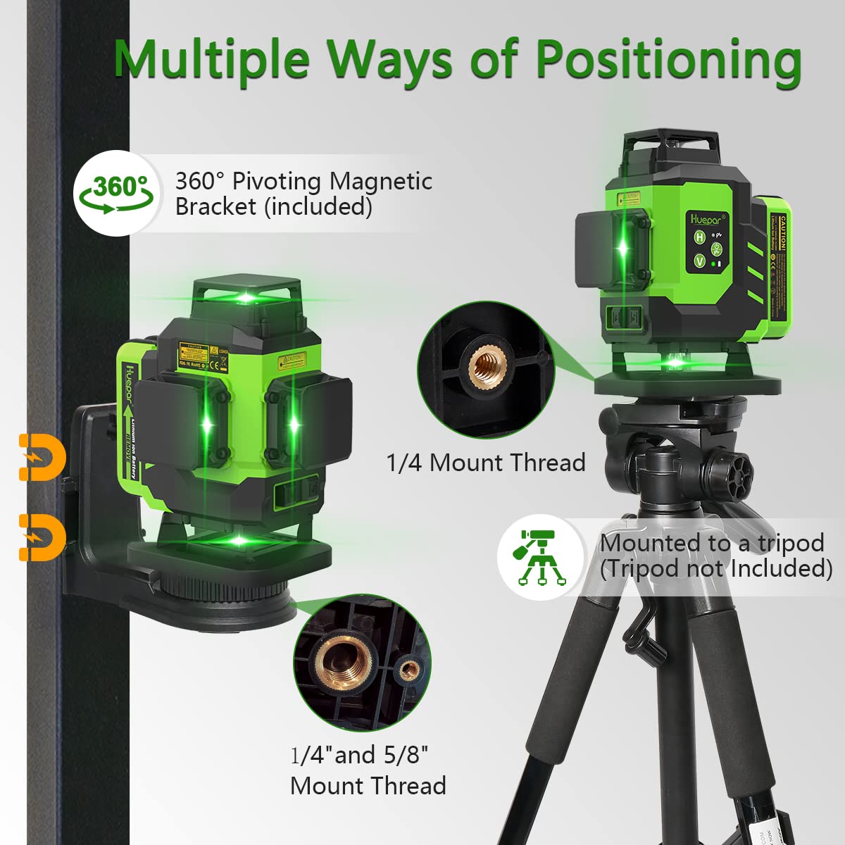 Huepar Multi-Line Laser Level-Four Vertical and One 360° Horizontal Lines with Plumb Dot, Green Cross Line Self-leveling Laser Tool -Rotating Base, Lifting Base, 2 Li-ion Battery&Hard Carry Case LS41G
