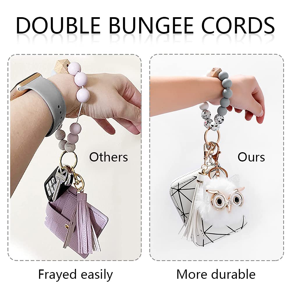 GYLBF Wristlet Keychain Bracelet Wallet, Silicone Beaded Bangle Keyring Tassel for Women, with Cute Owl Pom Pom Keychain, White