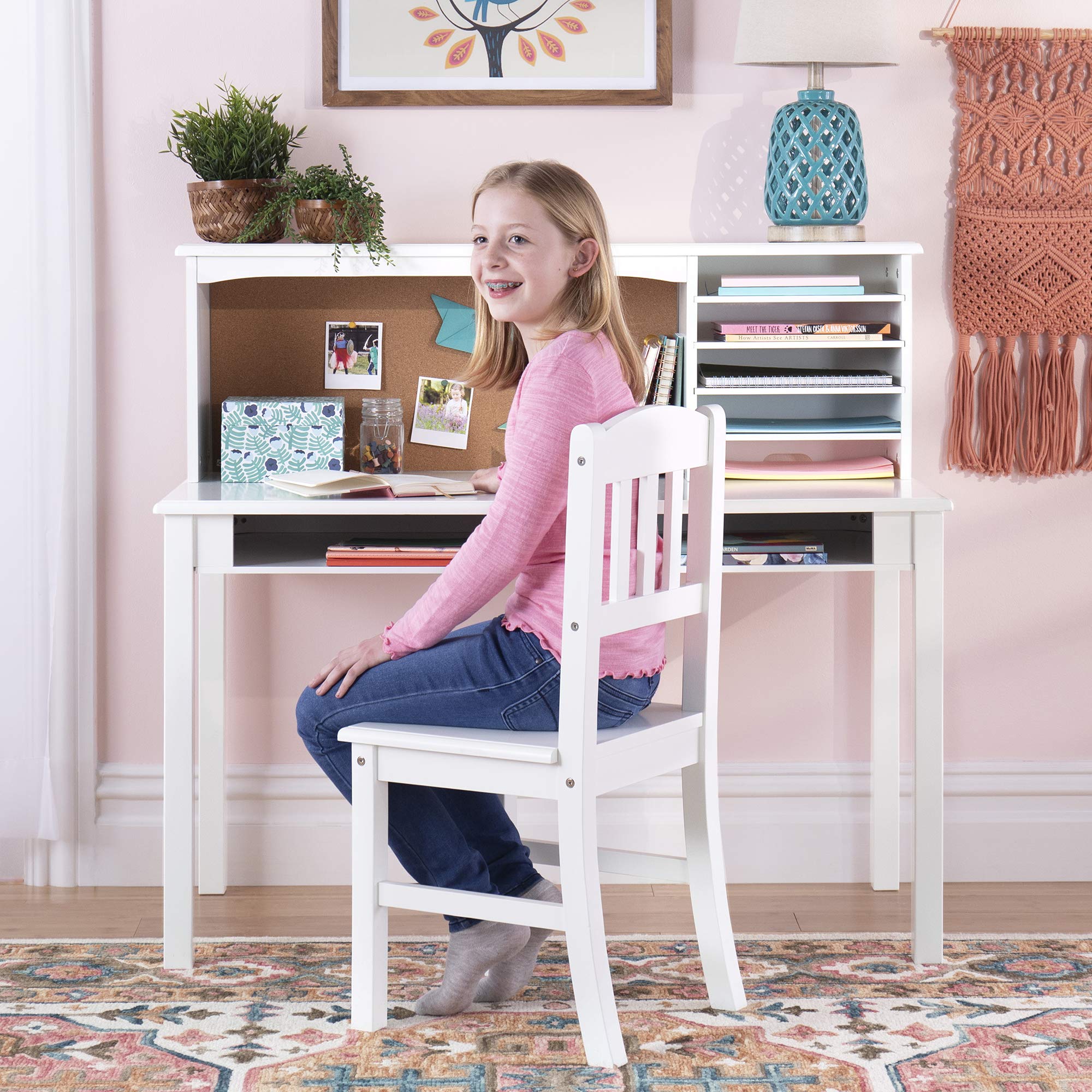 Guidecraft Childrenâs Media Desk and Chair Set â White: Student's Study Computer Workstation with Hutch and Storage, Wooden Kids Bedroom Furniture