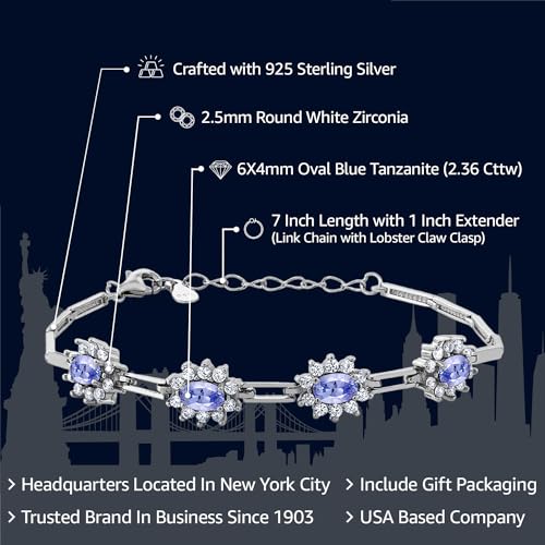 Gem Stone King 925 Sterling Silver Tanzanite Tennis Bracelet For Women (2.36 cttw, Gemstone Birthstone, 7 Inch With 1 Inch Extender)