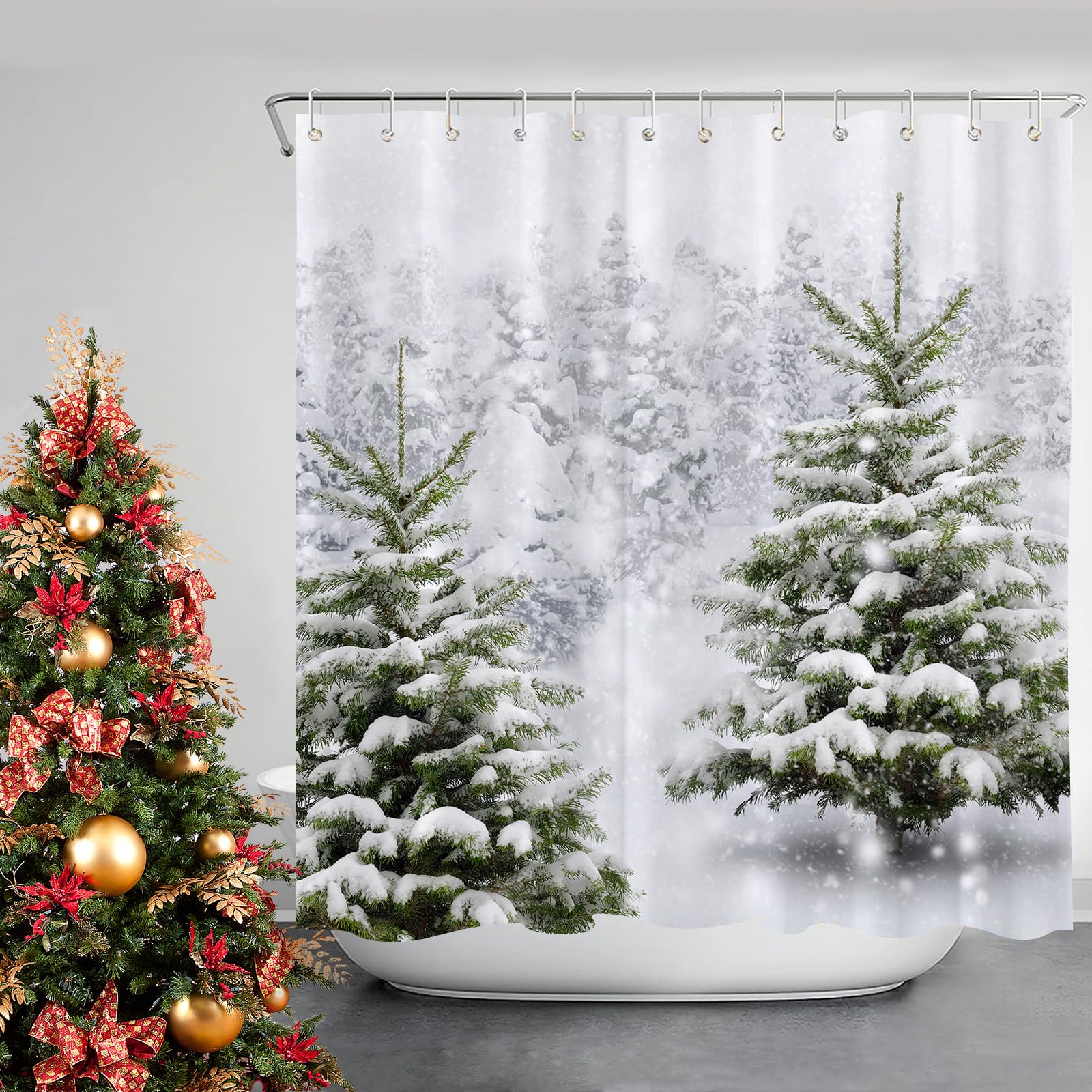 GOOESING Christmas Tree Shower Curtain Winter Forest Pine Tree Snowflake Snowfall Natural Scene Bathroom Shower Curtains for Bathtub Decoration with Hooks 60x72 Inch