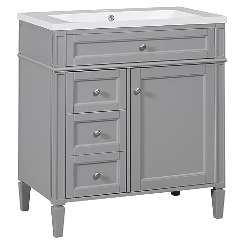 Virubi 30" Bathroom Vanity with Single Sink Combo, Modern Undermount Bathroom Sink Cabinet with 2 Drawers and a Tip-Out Drawer, Freestanding Bathroom Vanities (Grey)