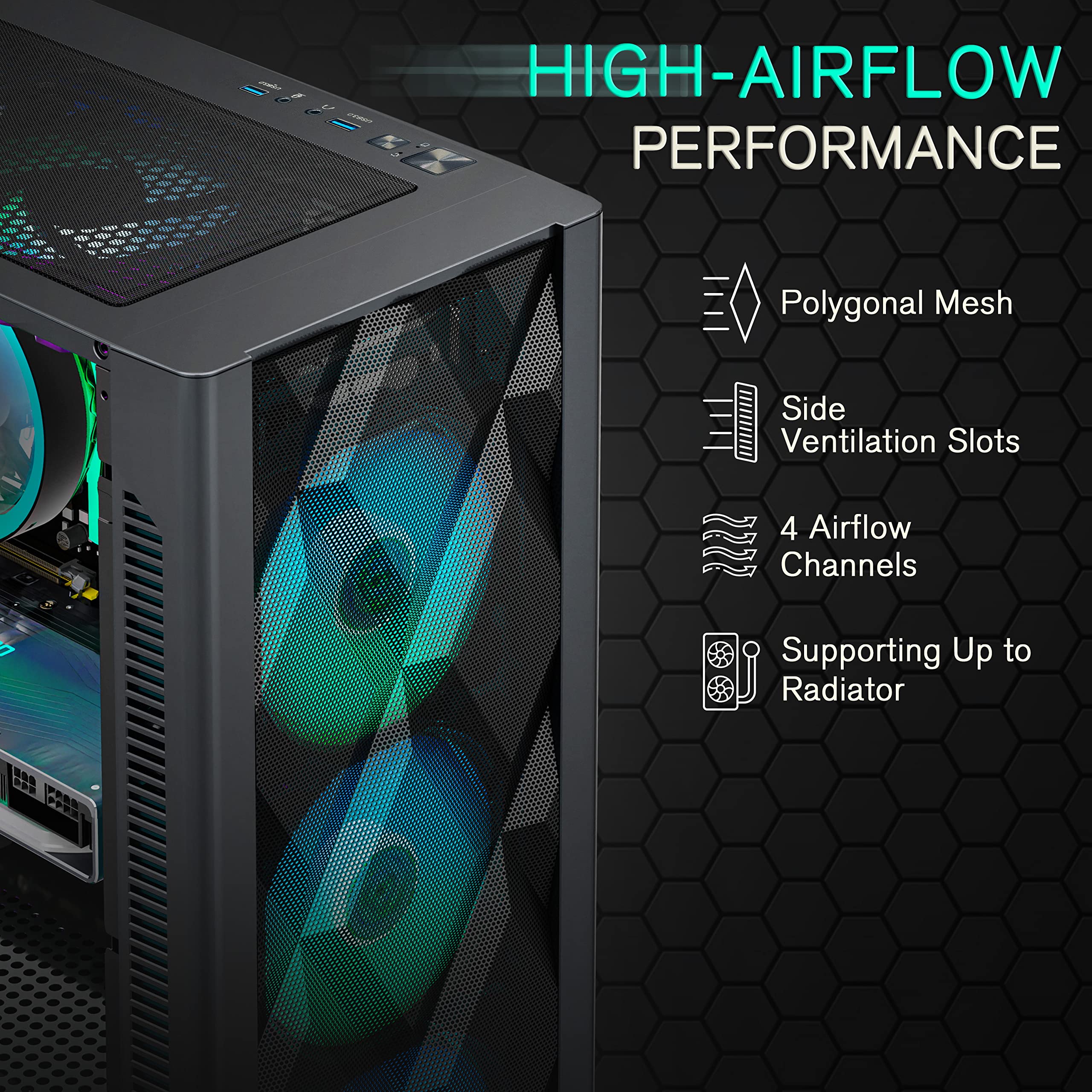 MUSETEX ATX PC Case Pre-Install 6 PWM ARGB Fans, Polygonal Mesh Computer Gaming Case, Opening Tempered Glass Side Panel Mid-Tower Case, USB 3.0 x 2, Black, NN8-PF