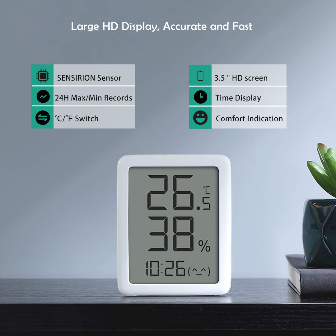 Homidy Indoor Thermometer Digital Hygrometer HD 3.5″ Large Screen Humidity Gauge High Precision Temperature Sensor 24H Max/Min Record and Time Display Humidity Meter