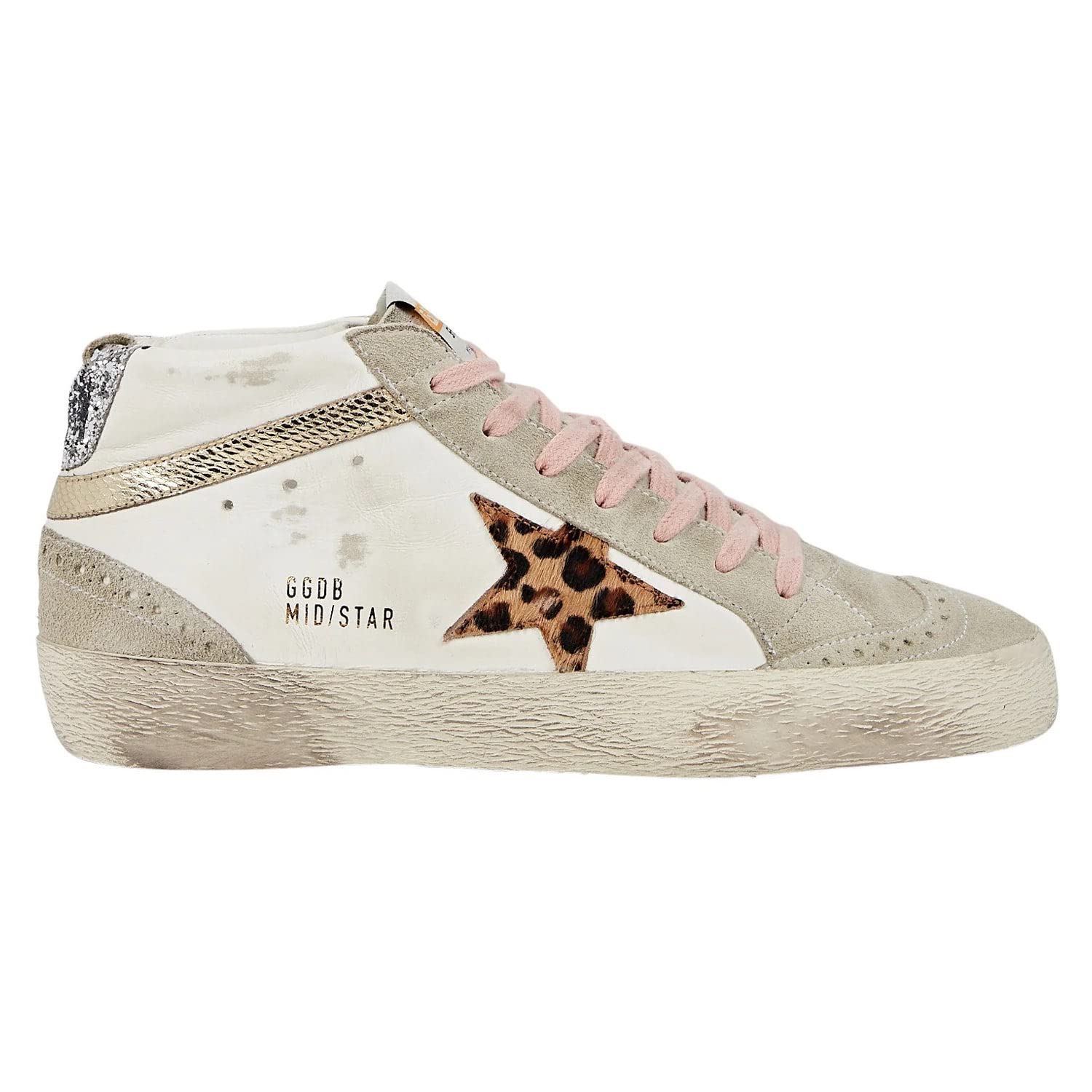 Golden Goose Mid Star Leather Upper Suede Toe and Spur Mini Leo Star Mini Viper Print Wave Glitter Heel Womens Distressed Sneakers - 38 White