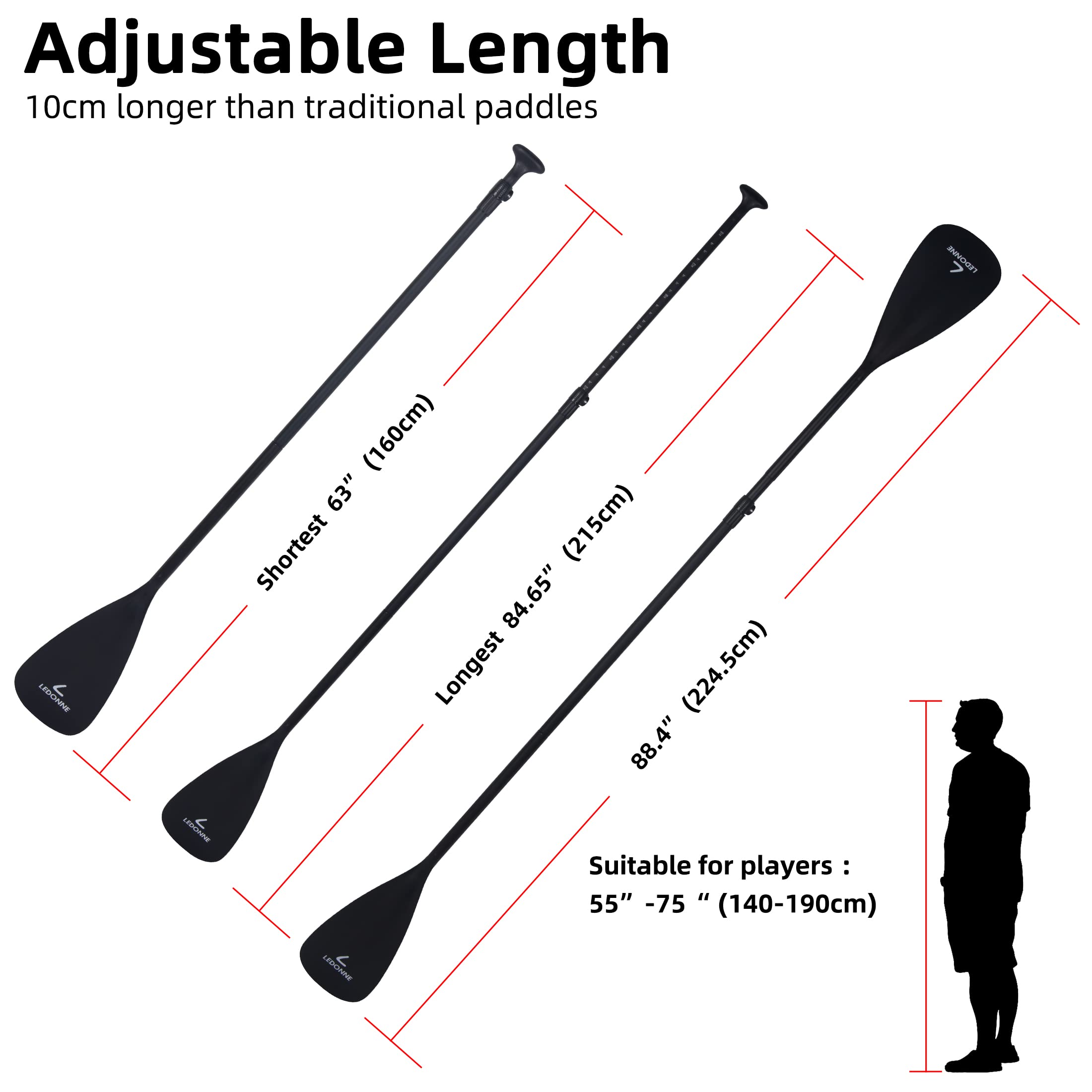 LEDONNE SUP Paddle 4-Piece Adjustable Stand Up Paddle Floating Lightweight Portable Kayak Paddle Paddleboard Oar with Aluminum Alloy Shaft, 2 Nylon Blades, Hook&Loop for Floating Water Sport, Black