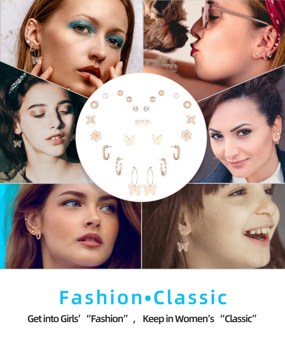 KaHowde Multiple Stud Earrings Set - Cute Earrings Set Mixed Small Stud Hoop Earrings Gift for Women Girls (12PAIRS WHITE EARRINGS SET)