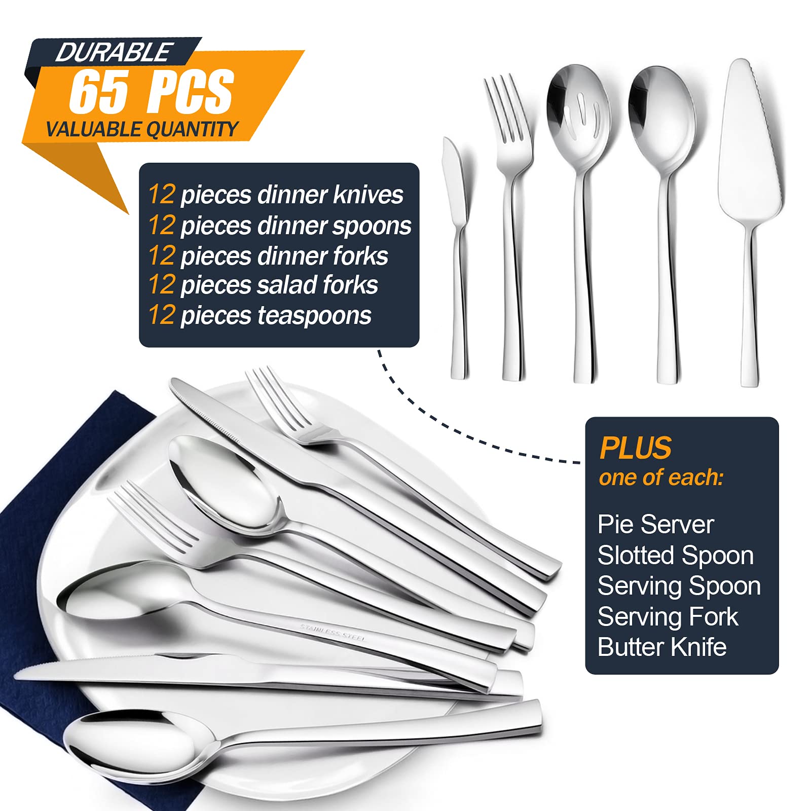 HaWare 65-Piece Heavy Duty Silverware Set with Serving Utensils, Stainless Steel Flatware Cutlery Set for 12, Fancy Tableware Eating Utensils with Thick Handle for Kitchen Restaurant, Dishwasher Safe