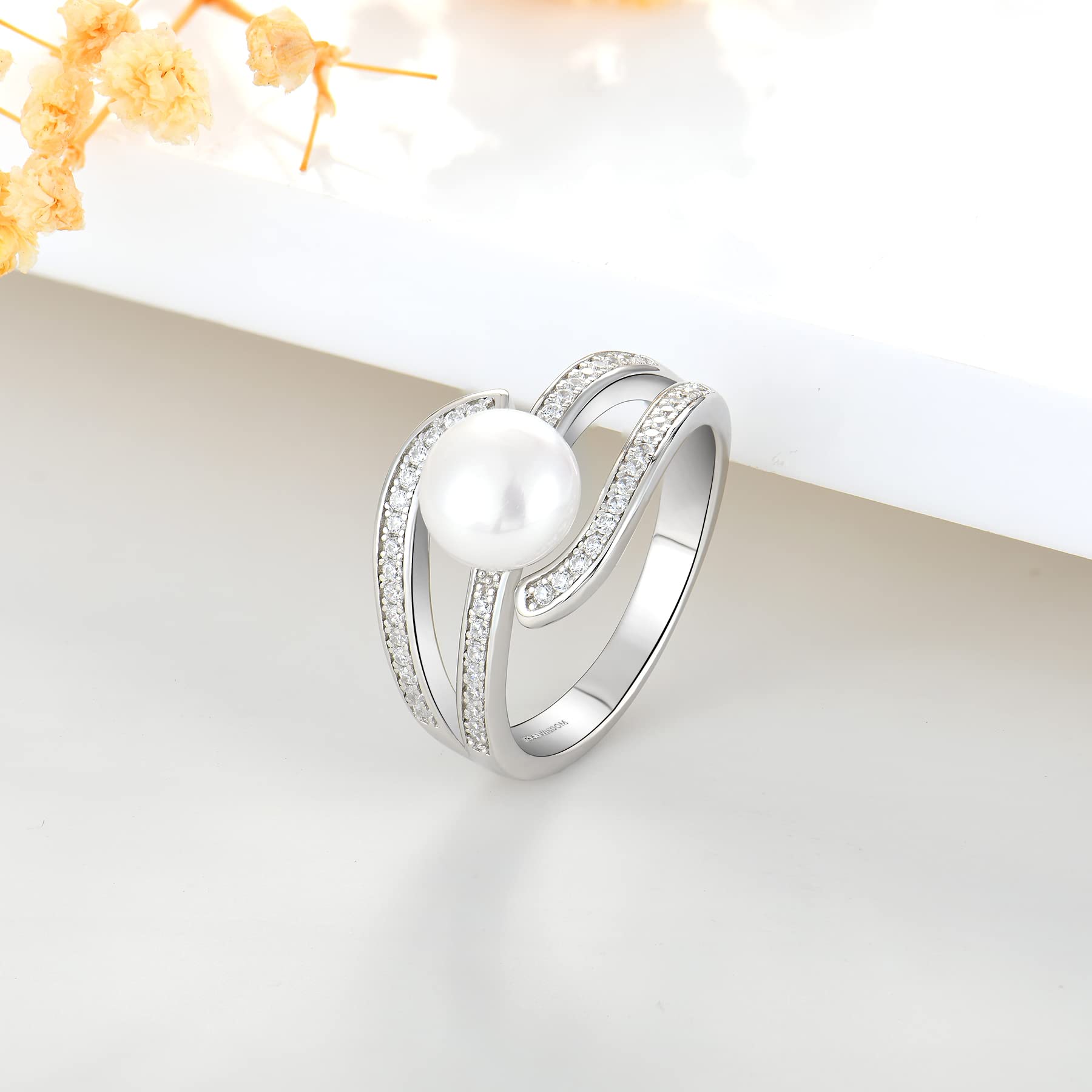 JO WISDOM Pearl Ring,925 Sterling Silver Cubic Zirconia Women's Rings with 8mm White Freshwater Cultured Pearl Ring size 8