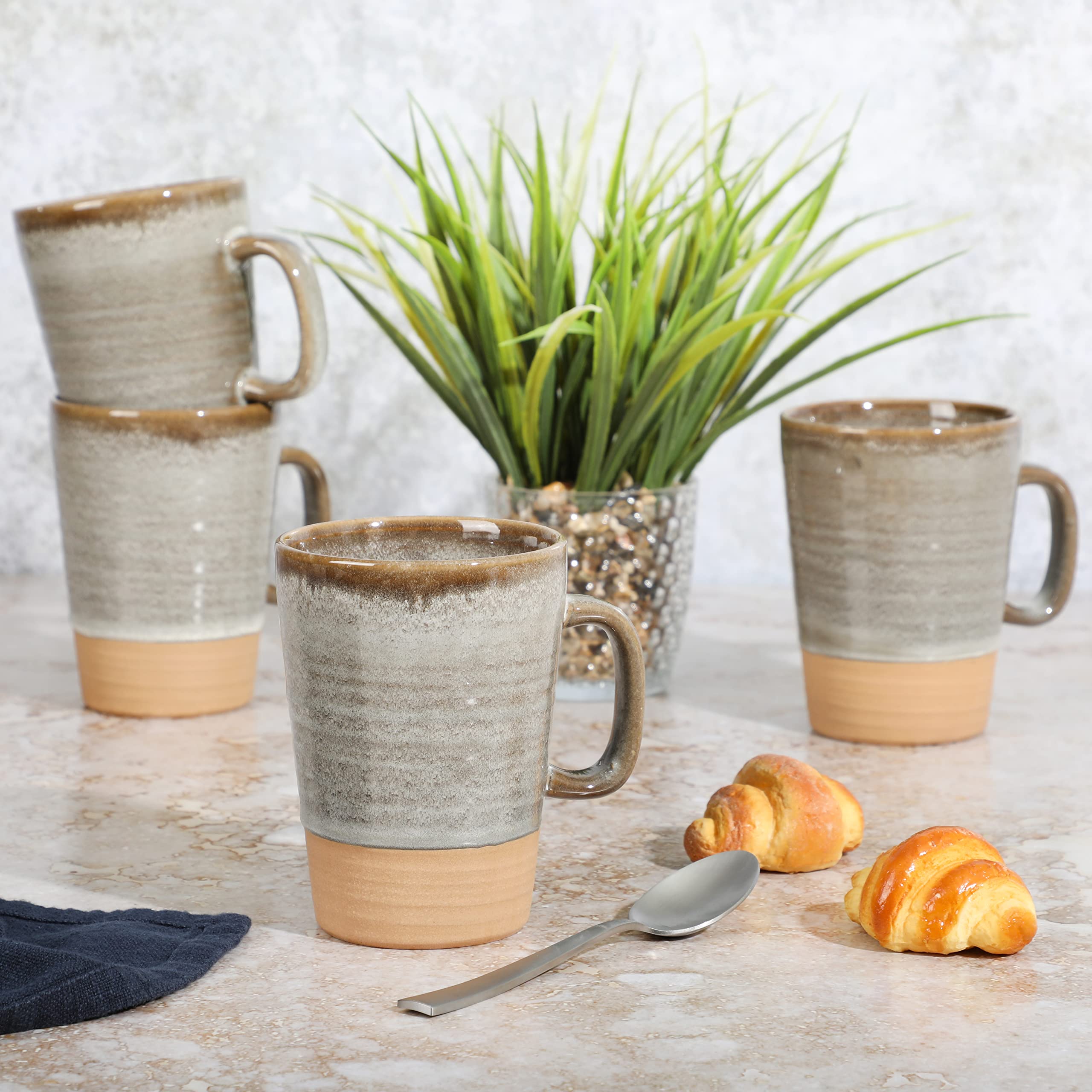 Gibson Elite Mayfair Bay Embossed Double Bowl Dinnerware Set, Service for 4 (16pcs), Green and Gibson Elite 4 Pack Dreamweaver Terracotta Reactive 17 OZ Mug Set - Earthy Brown