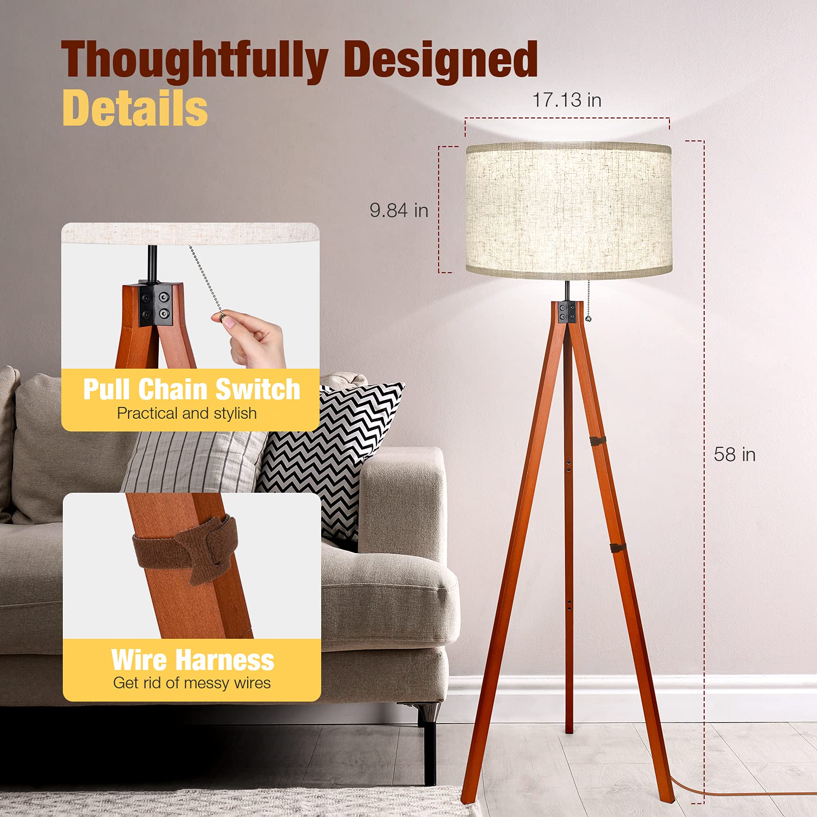 Isloys Wood Tripod Floor Lamp, 3 Color Temperatures Mid Century Modern Boho Floor Lamp, Tall Standing Lamps for Living Room Bedroom Office, Flaxen Lamp Shade with E26 Lamp Base