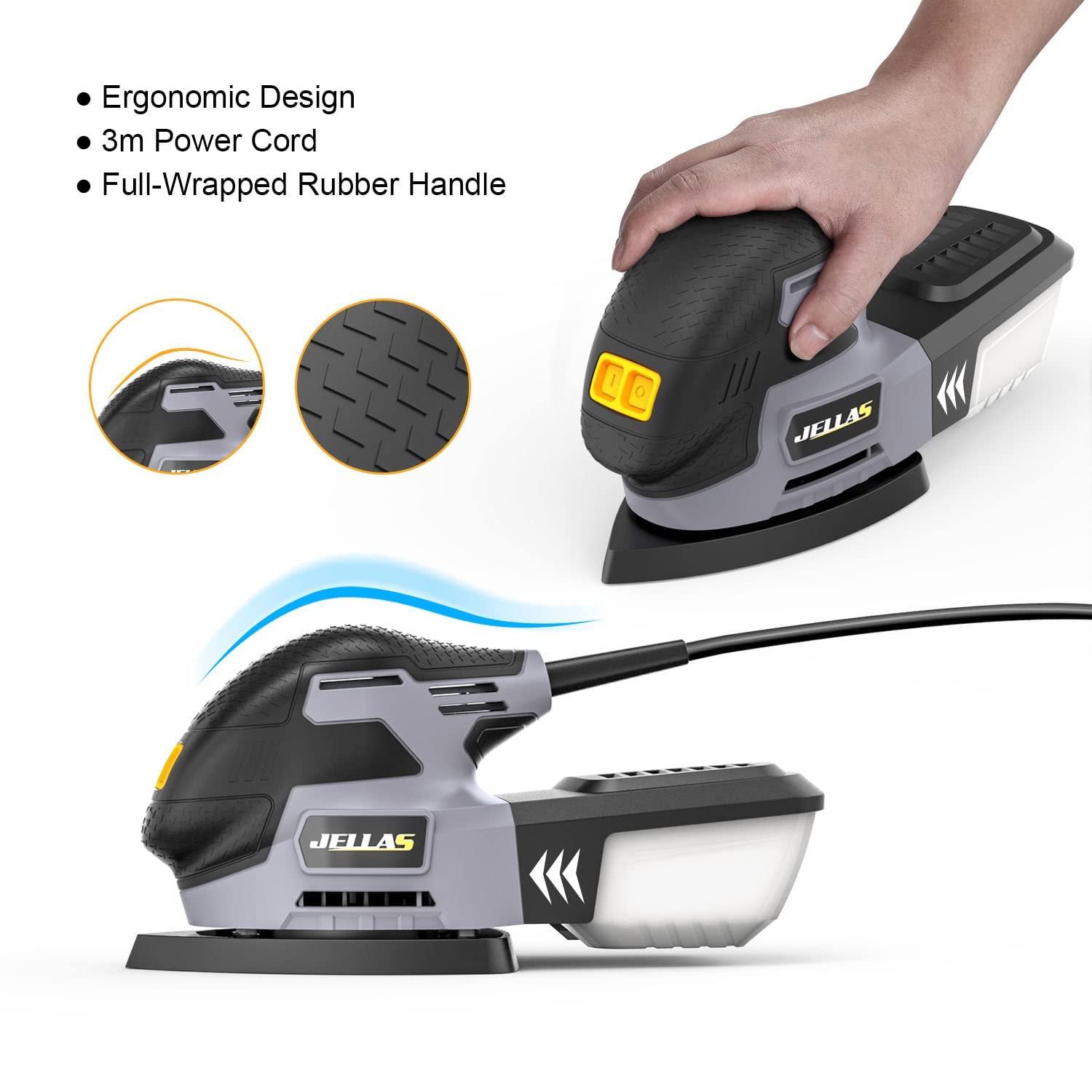 JELLAS Electric Detail Sander, 220W Compact Sander Machine for Wood, 13,000 RPM Sanders with Dust Collection, 16PCS Sandpapers, Finger Sanding Attachment and Sanding Pad Included, MS220T