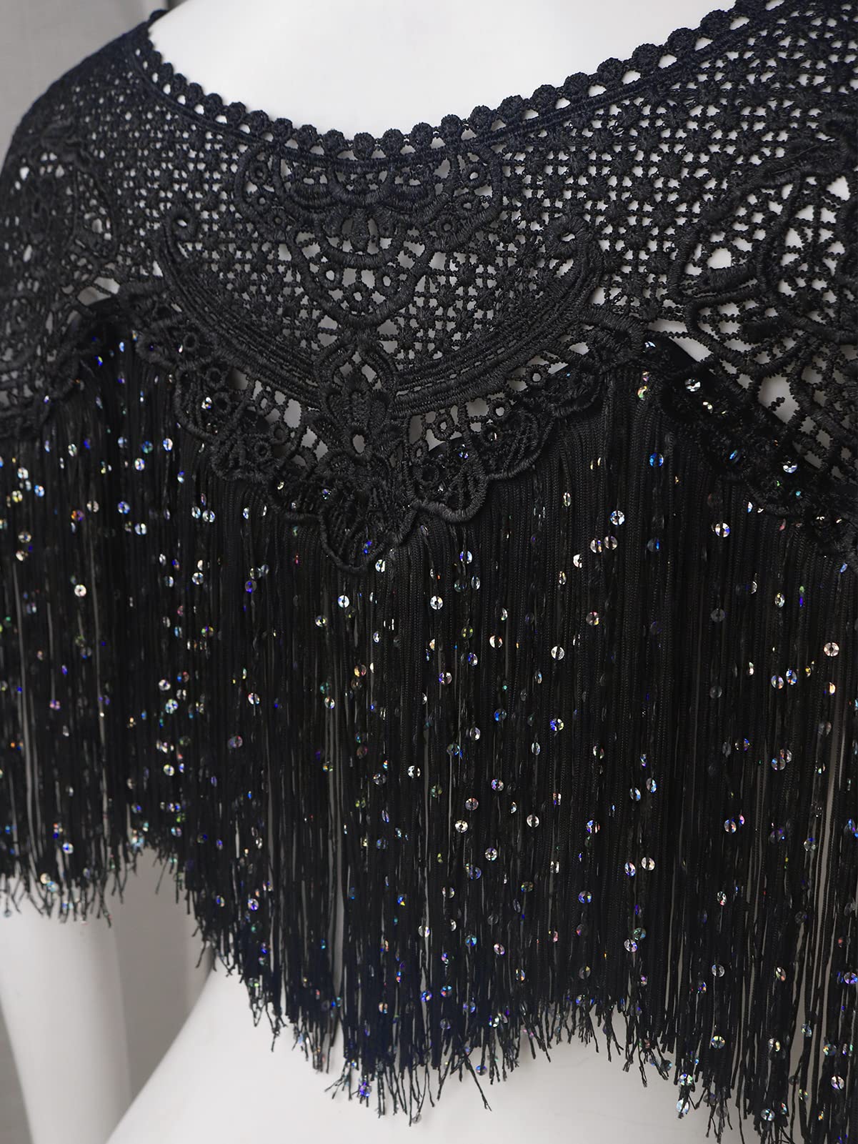 JEGERMIG Gothic Feather Fringe Sequins Shawl Flapper Dress Cape for Evening Dress Wedding Party