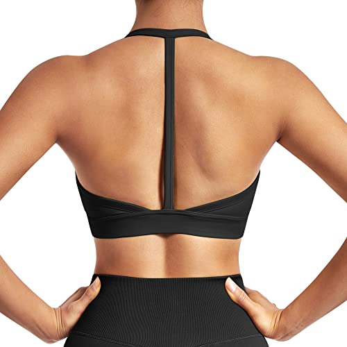 MOOSLOVER Women Strappy Sports Bra Crisscross Back Yoga Bras Padded Backless Medium Support Tops(L,#6 Black (Y back)-215)