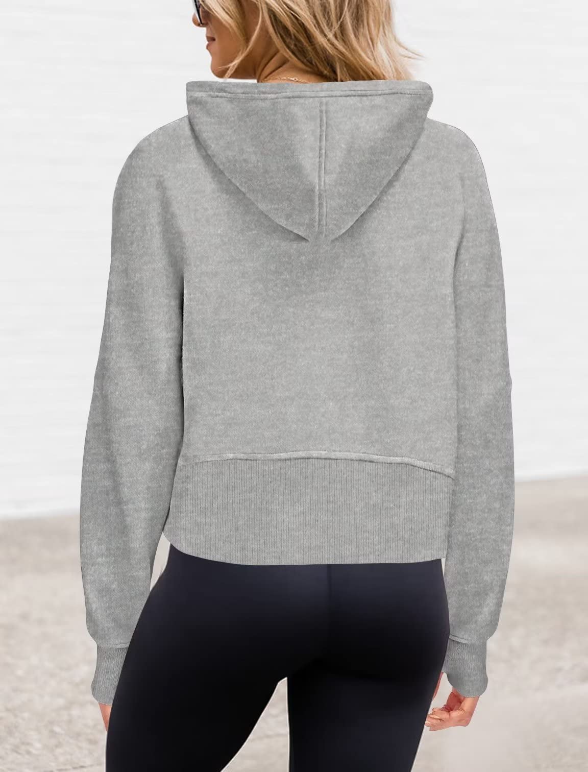 LEEDYA Women's Hood Sweatshirt Quarter Zip Pullover Sweater Long Sleeve Crop Tops Fall Jacket Grey M