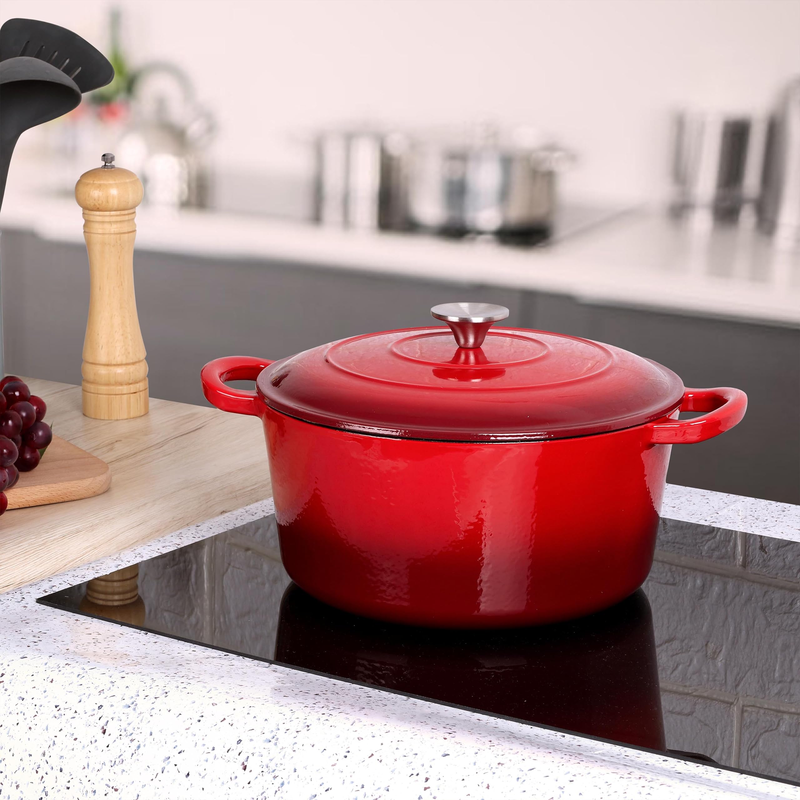 Herogo 6 Quart Enameled Cast Iron Dutch Oven with Lid, Round Dutch Oven Pot with Dual Handles for Bread Baking Stewing Roasting Red