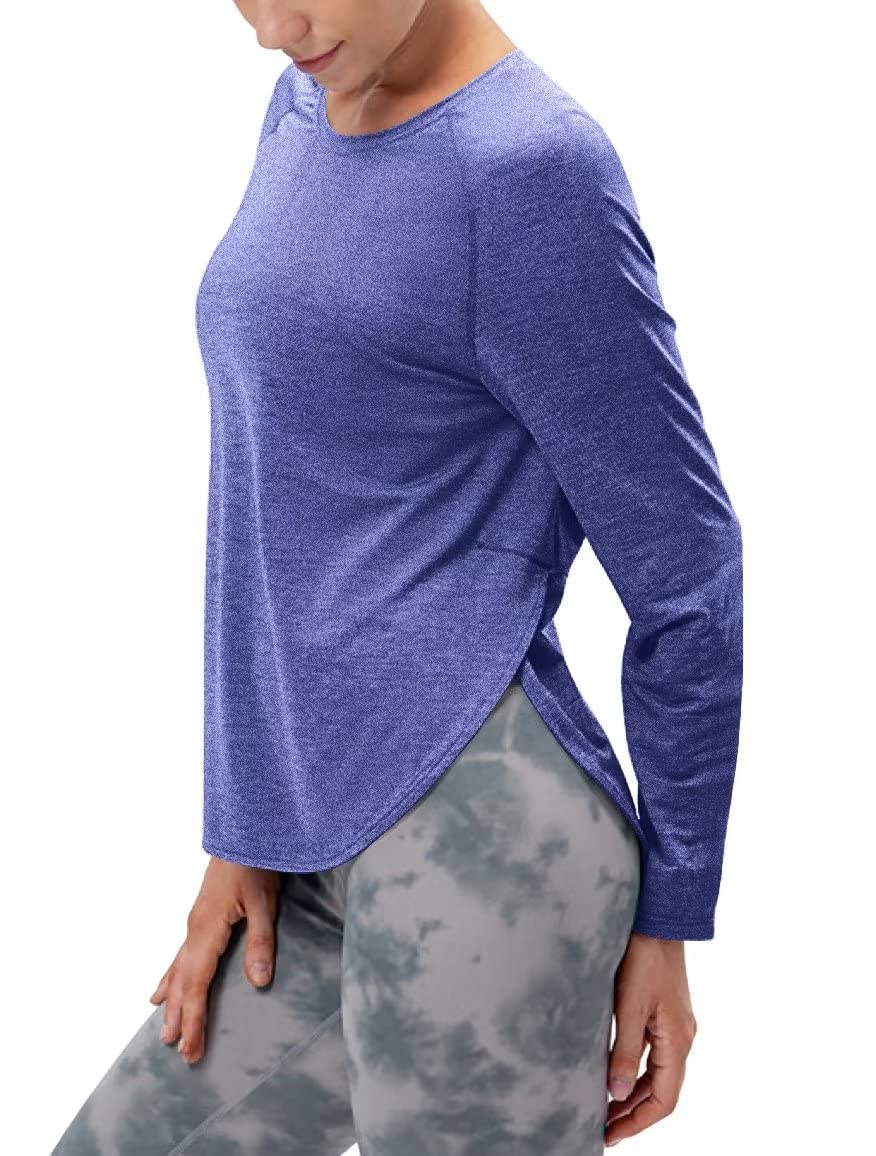 LEEDYA Womens Long Sleeve Crewneck Yoga Shirt Basic Athletic Workout Tops Side Slit Sports Gym Shirts Purple XL