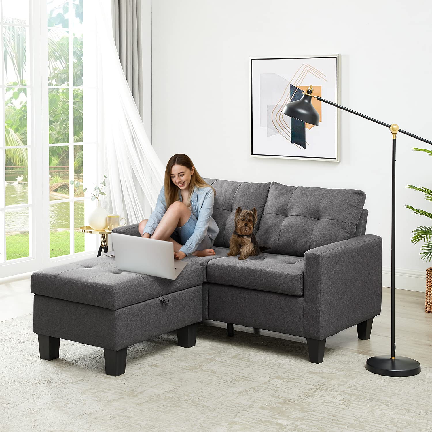 GOOD & GRACIOUS Sectional Sofa Set 57" L-Shaped Couch Chaise Polyester Fabric Loveseat Furniture with Reversible Storage Ottoman for Apartment Office Living Room Bedroom Small Space (Dark Grey)