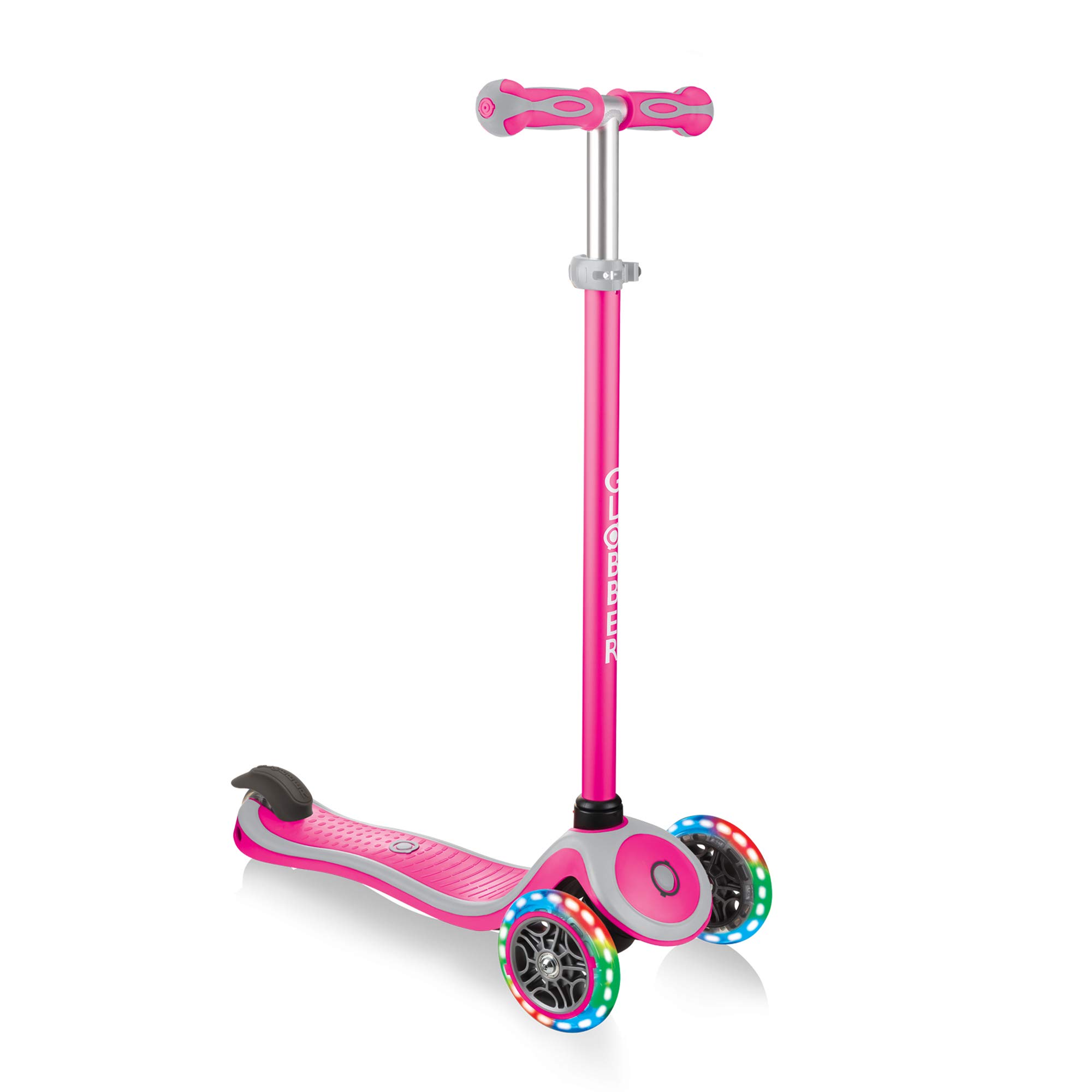 Globber 442-110 V2 3-Wheel Kids Kick Scooter with LED Light Up Wheels and Adjustable Height and Comfortable Grips for Boys and Girls, Pink