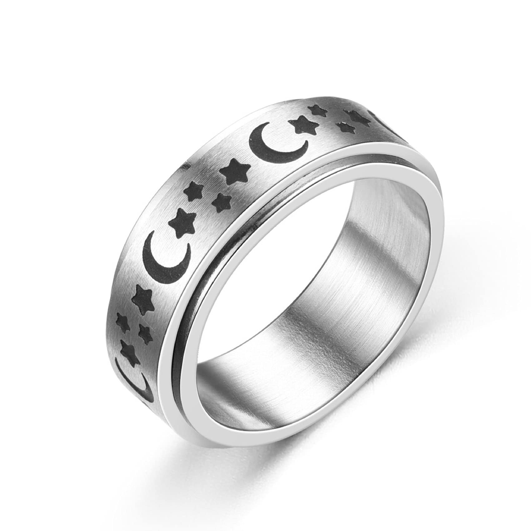 Kshcf Spinner Ring Titanium Steel Ring Anxiety Ring Fashion Decompression Ring Moon and Star Fidget Ring for Women Men,Size 11, Steel Black