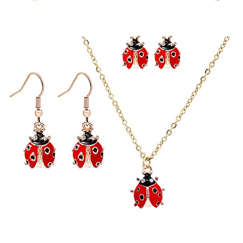 Winssigma Bee Necklace Earrings Set for Women, Butterfly Jewelry Set Ladybug Necklace Earrings Daisy Earrings Necklace Cute Animal Jewelry Gift(Ladybug)