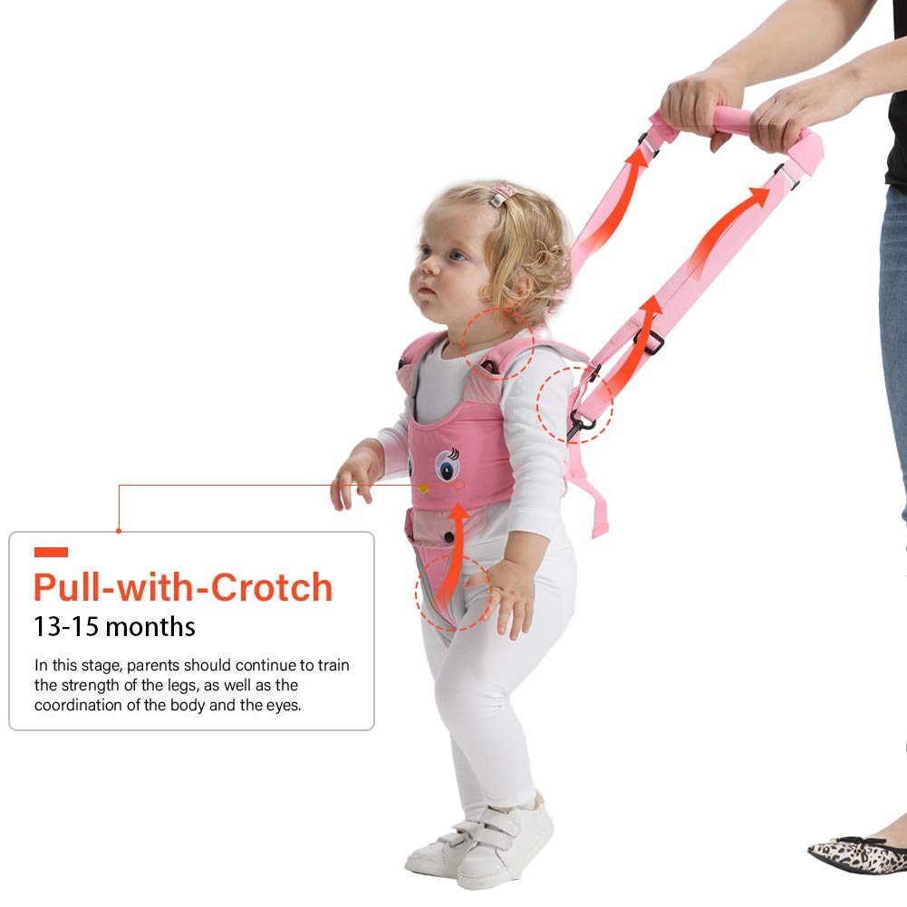 Handheld Baby Walking Harness for Kids, Adjustable Toddler Walking Assistant with Detachable Crotch, Safe Standing & Walk Learning Helper for 8+ Months Baby (Pink-Chick) (Grey-Puppy)