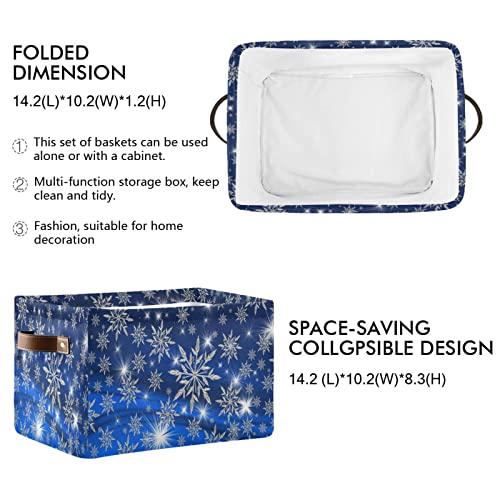 Winter Christmas Blue Snowflakes Storage Basket Xmas Snow Flakes Storage Organizer Box Bin Large Collapsible Cube Baskets with PU Handles for Shelf Closet Nursery Laundry 1 Pack