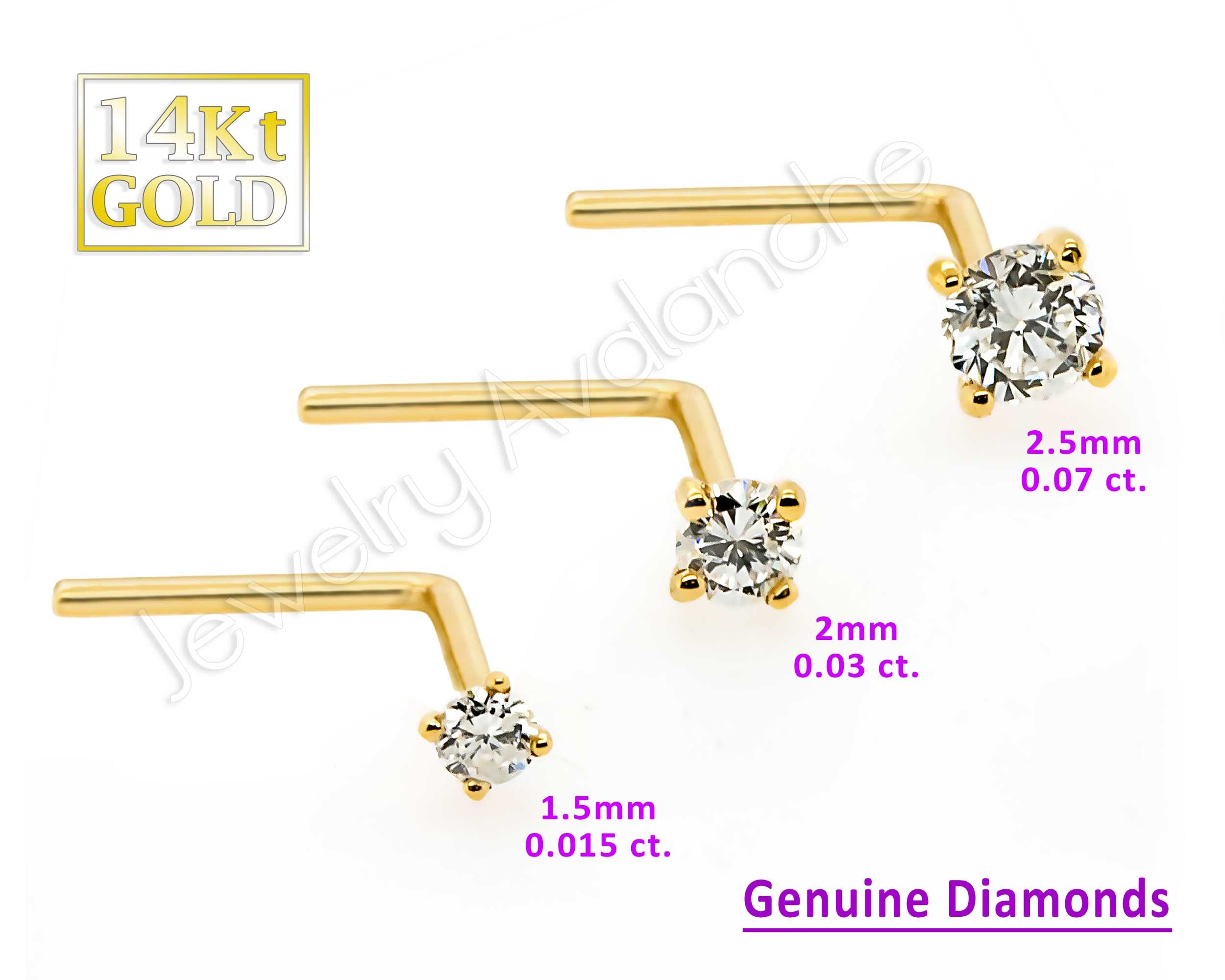 Jewelry Avalanche 14Kt White Gold Real 1.5mm Diamond Nose Stud 22G L-Shape Nose Ring Stud - April Birthstone -LSWG-WD1.5