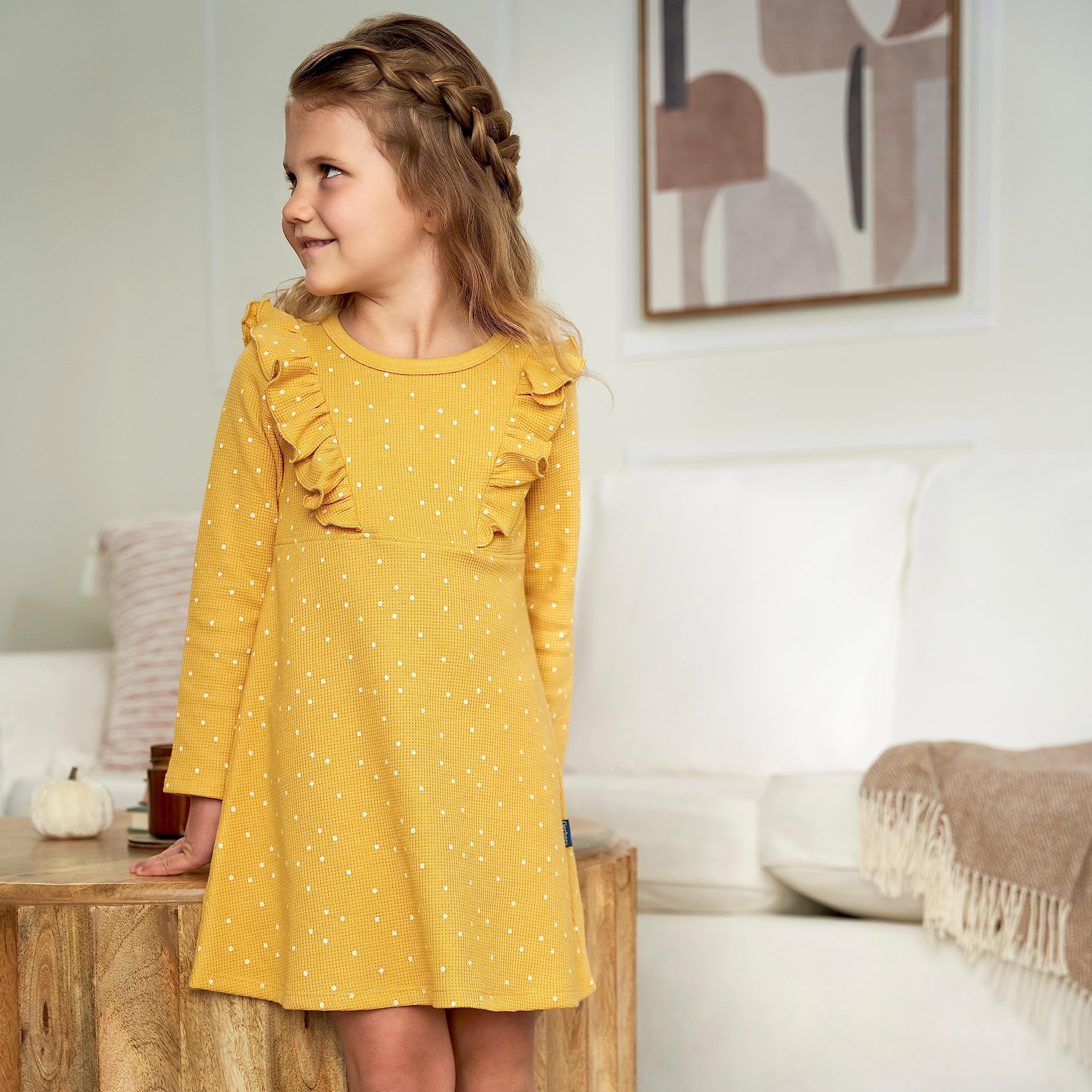 Gerber Baby Girls' Toddler Long Sleeve Dress with Ruffle Detail, Yellow Dots, 18 Months