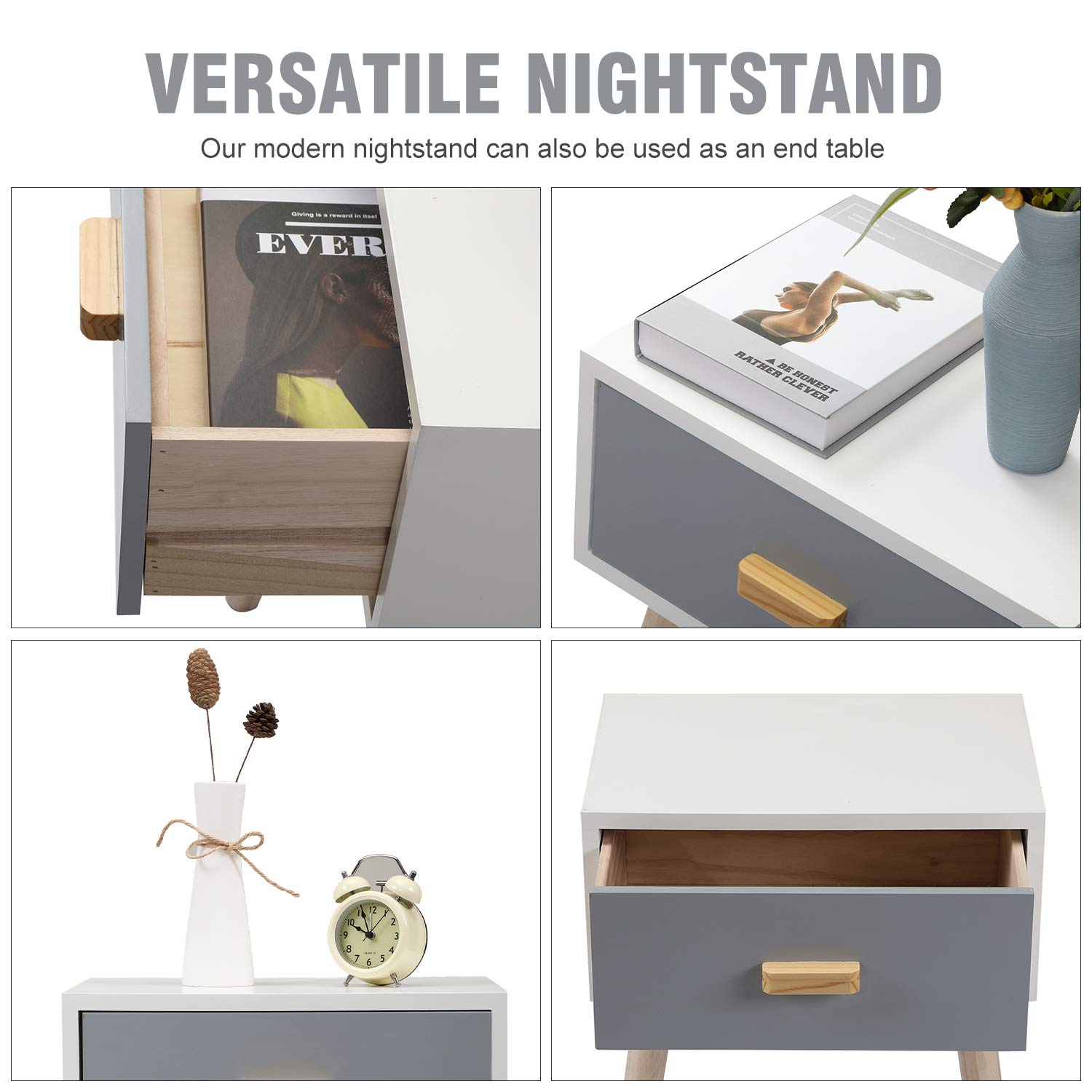 JAXSUNNY Set of 2 Mid-Century Wood Nightstand Side End Table with Storage Drawer and Solid Wood Legs, Bedside Table for Home Furniture,White+Silver Blue Pearl